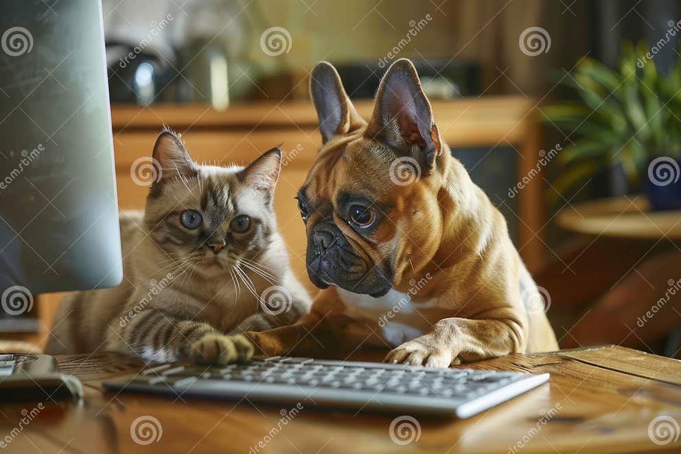 Dog and a Cat Sitting on a Table and Browsing on a Computer. Generative ...
