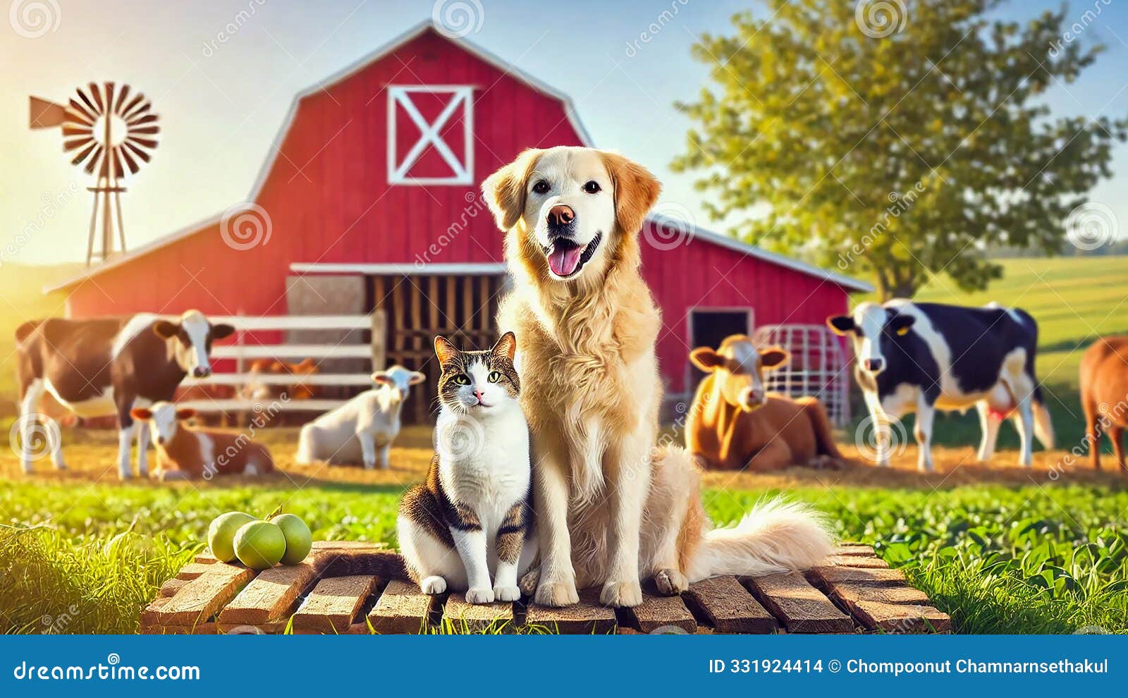 Dog and Cat Sitting Together on a Farm Stock Illustration ...