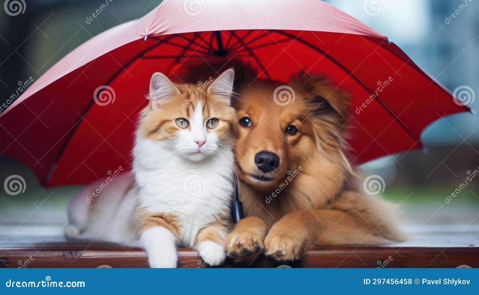 Dog and Cat Under the Umbrella. Pets in Rain Stock Photo - Image of ...