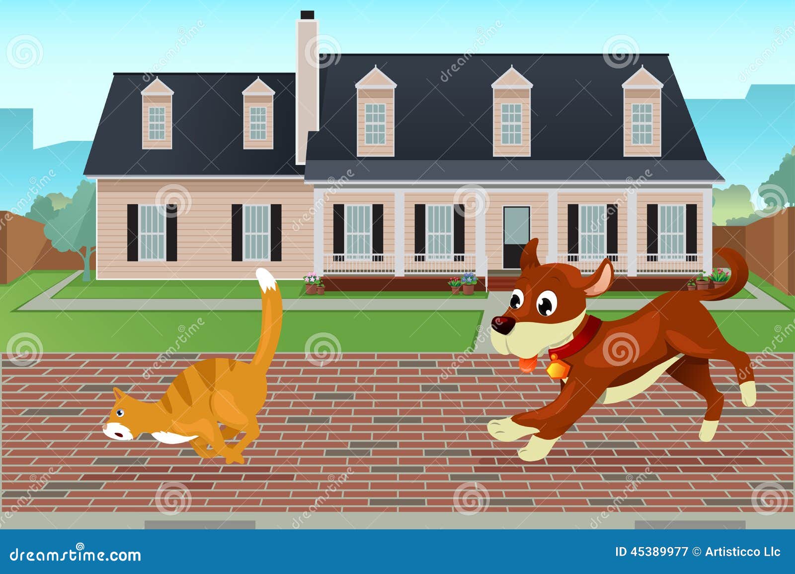 Dog chasing cat stock vector. Illustration of chasing - 45389977
