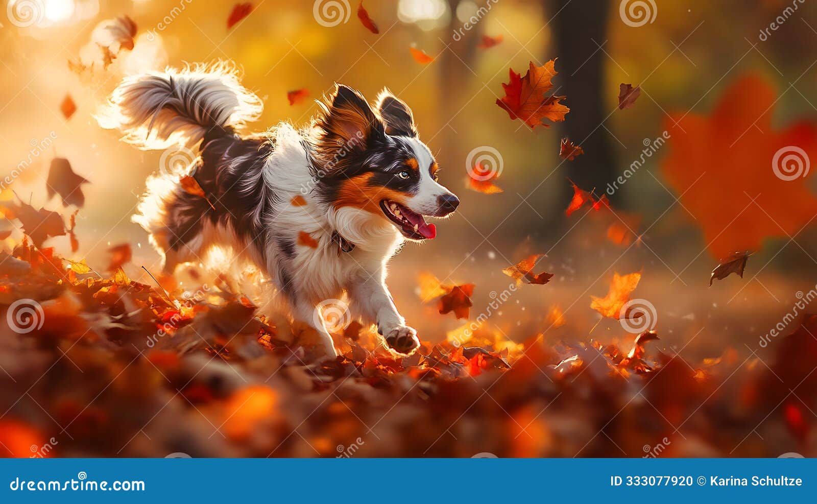 A Dog Chasing Its Tail in a Pile of Autumn Leaves Stock Illustration ...
