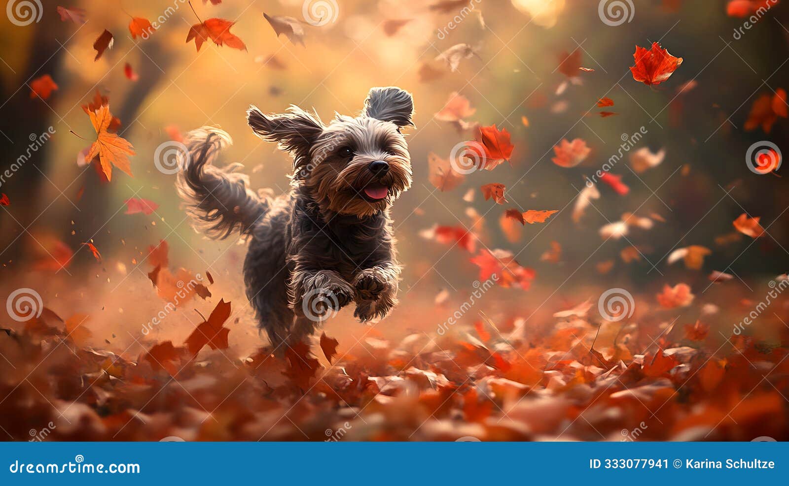 A Dog Chasing Its Tail in a Pile of Autumn Leaves Stock Illustration ...