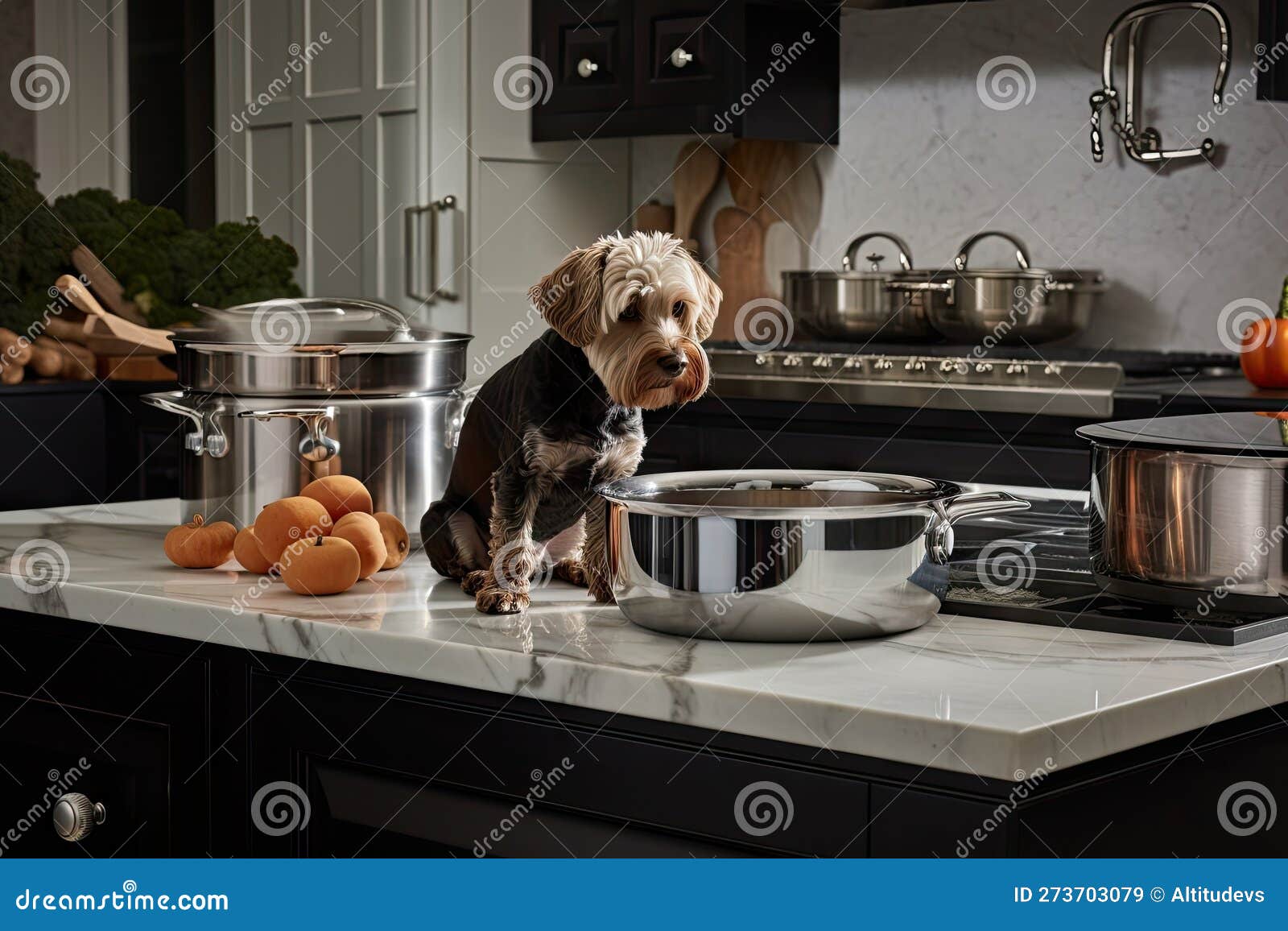 Dog Chef, Stirring Bubbling Pot of Stew, with View of Open Kitchen ...