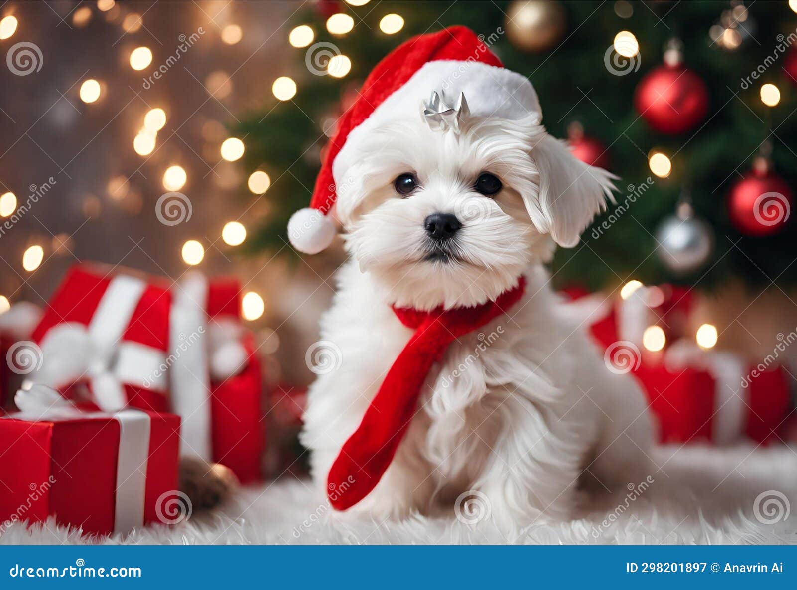 Christmas Secene. a Maltese Puppy Dog Wearing a Santa Claus Hat Stock ...