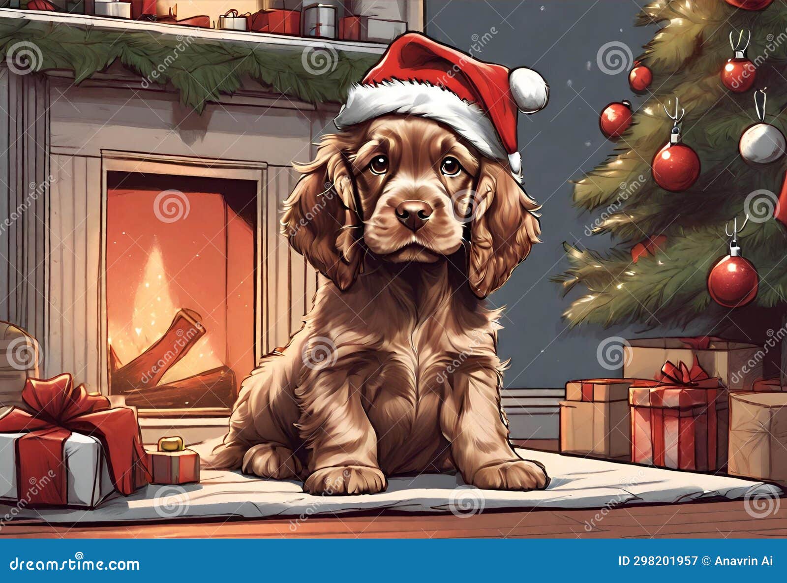 Christmas Secene. a Cocker Spaniel Puppy Dog Wearing a Santa Claus Hat ...