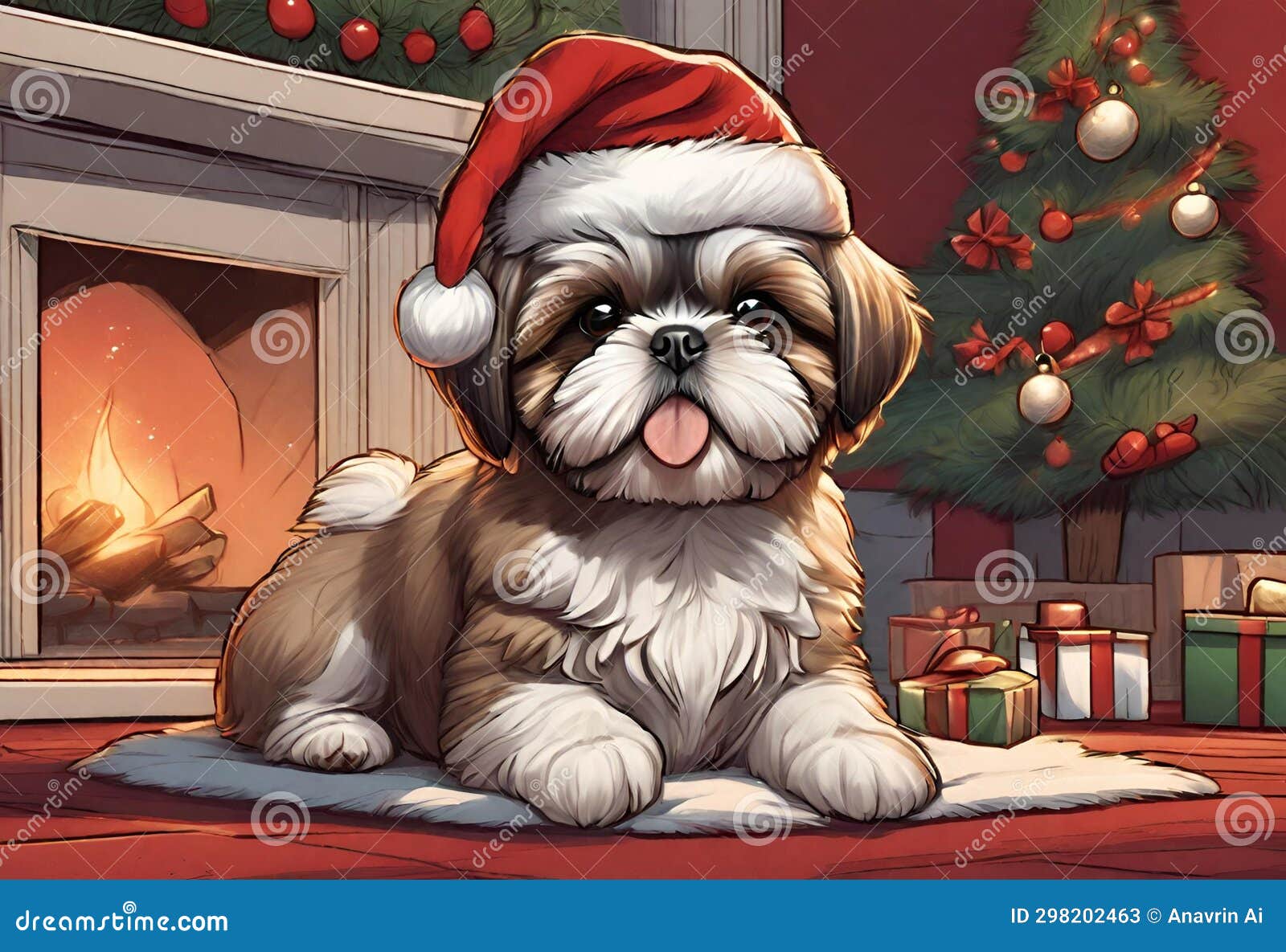 Christmas Secene. a Shih Tzu Puppy Dog Wearing a Santa Claus Hat Stock ...