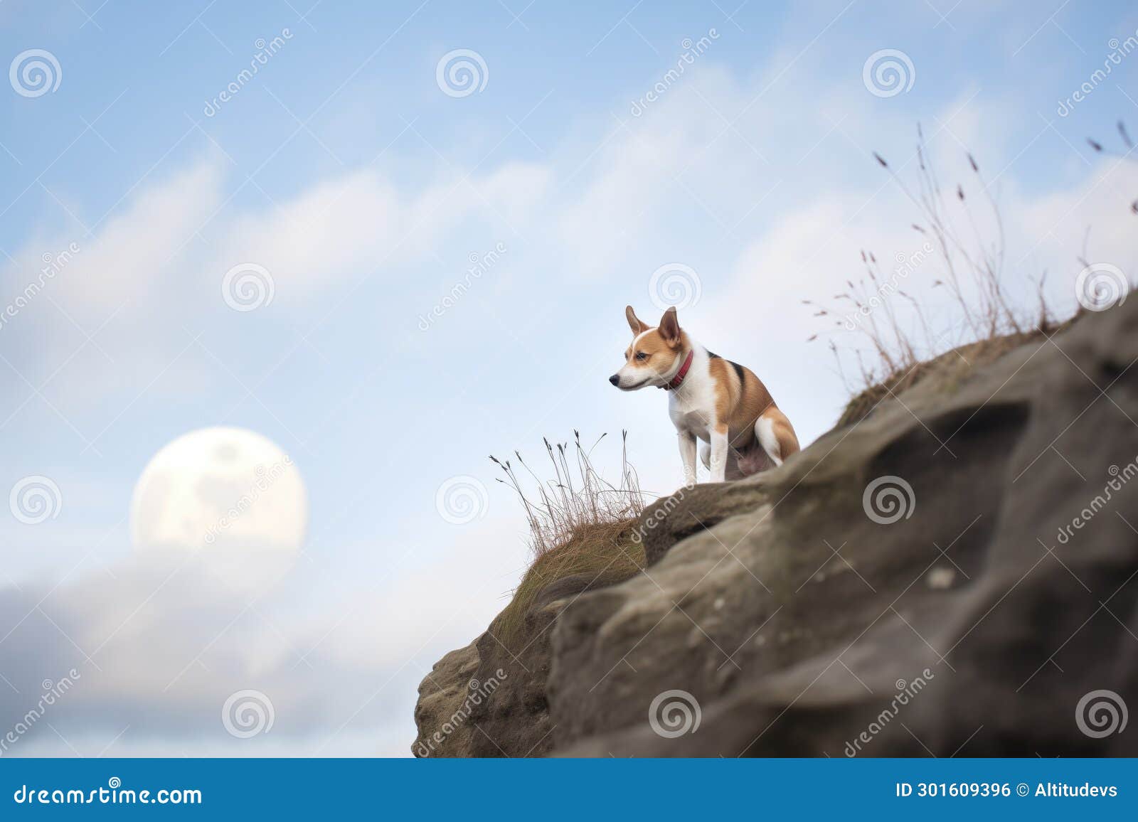 Dog on Cliff Edge, Moon Piercing Clouds Behind Stock Photo - Image of ...