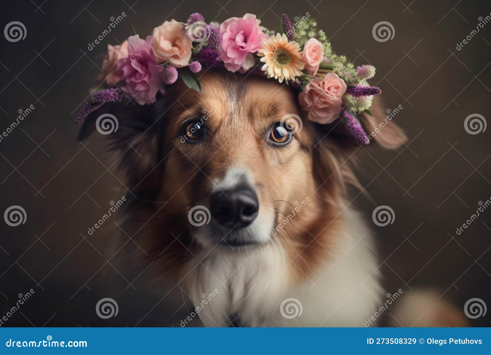 A Dog with a Flower Crown on Its Head Looking at the Camera Stock ...