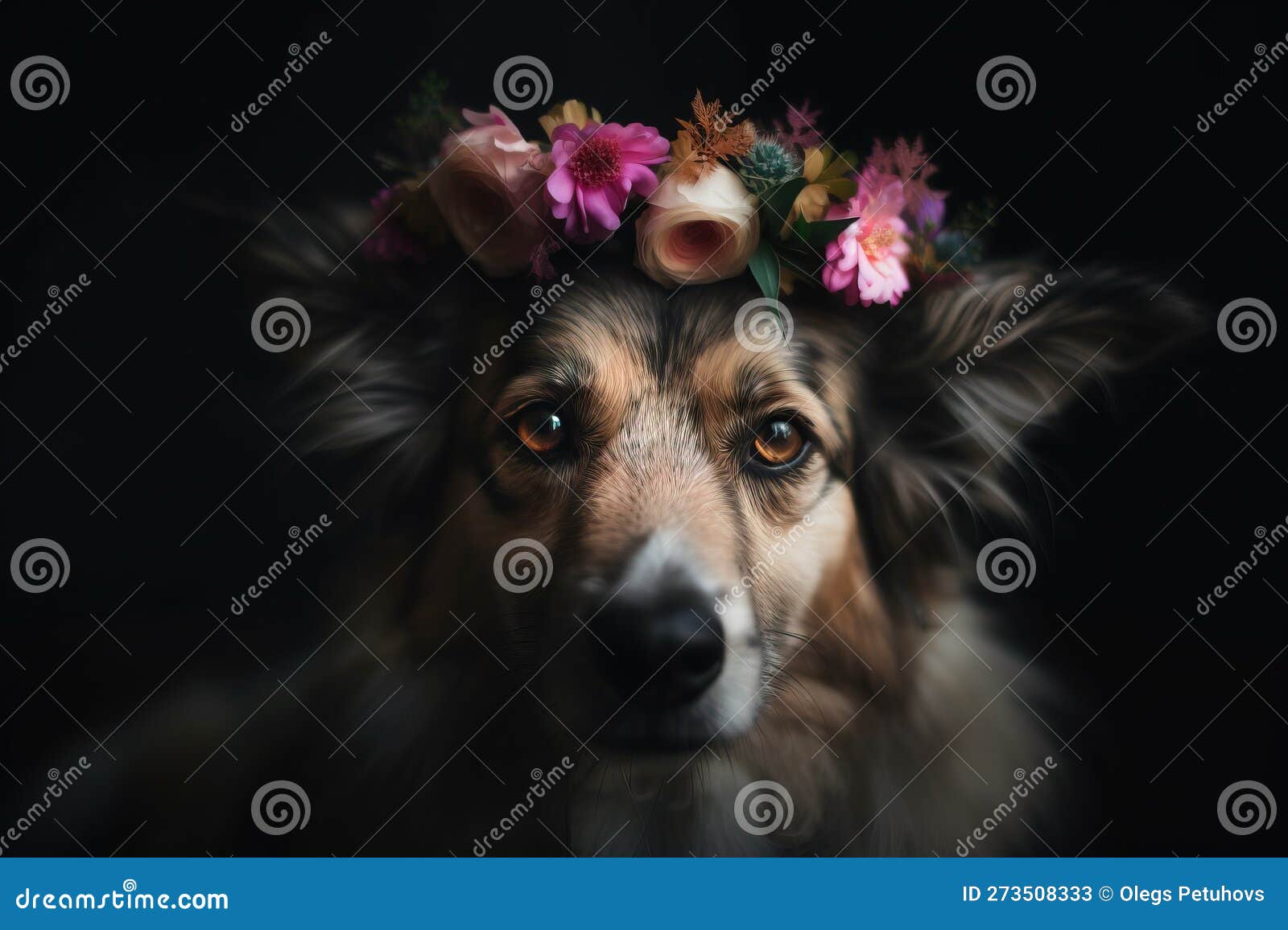 A Dog with a Flower Crown on Its Head Looking at the Camera Stock ...