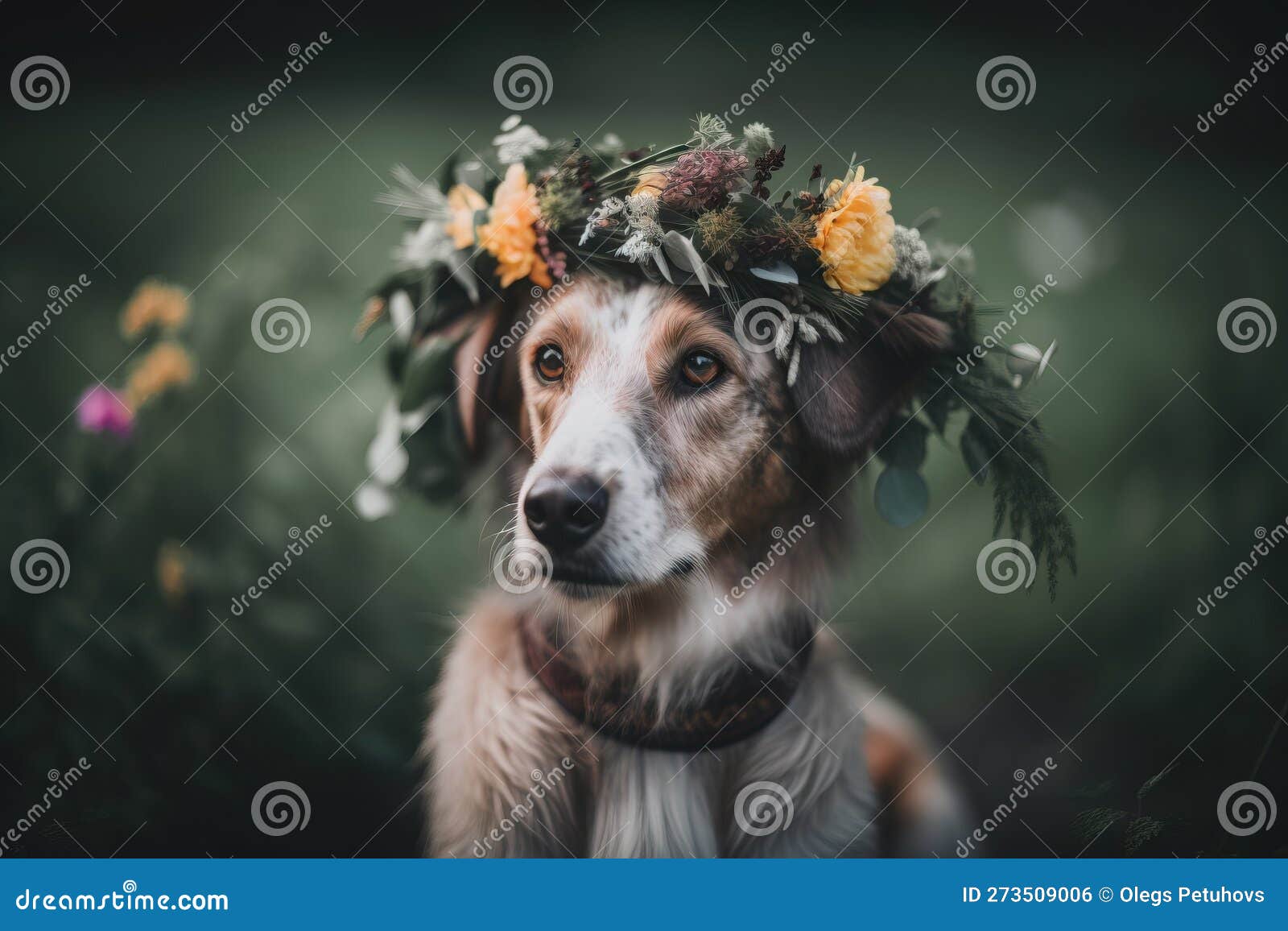 A Dog with a Flower Crown on Its Head Looking at the Camera Stock ...