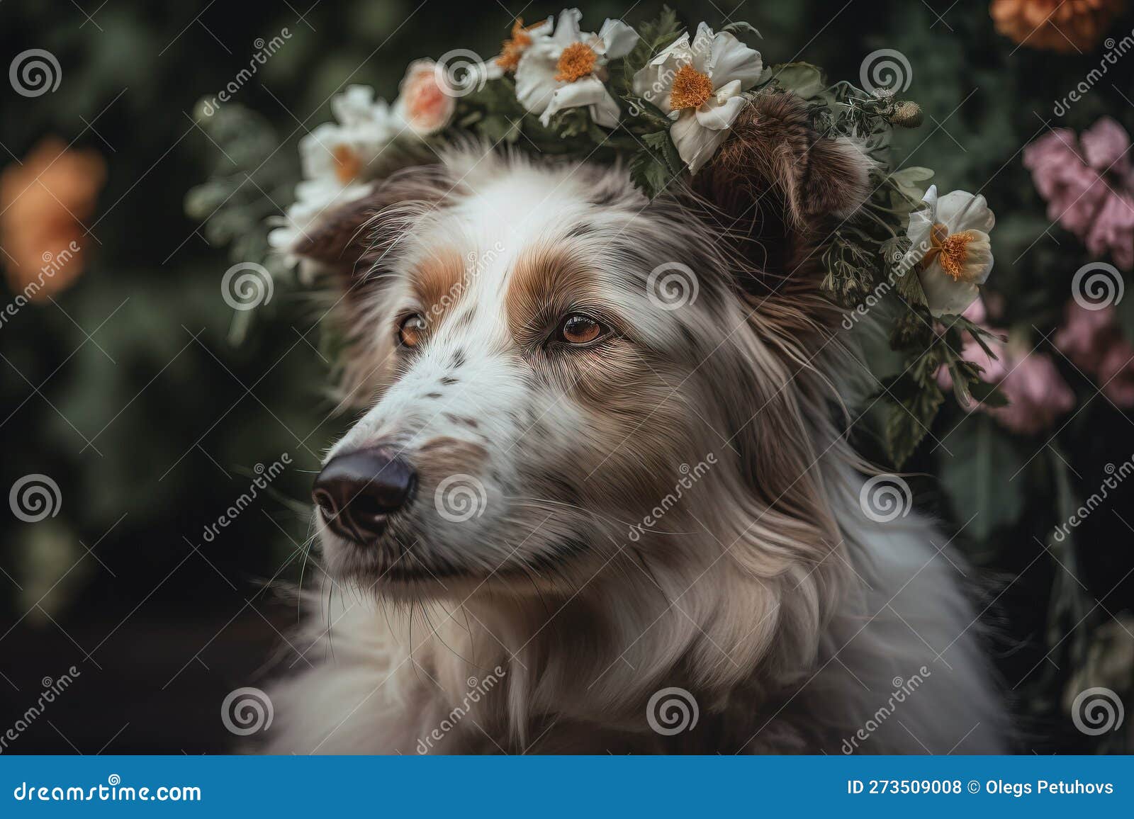 A Dog with a Flower Crown on Its Head Looking at the Camera Stock ...