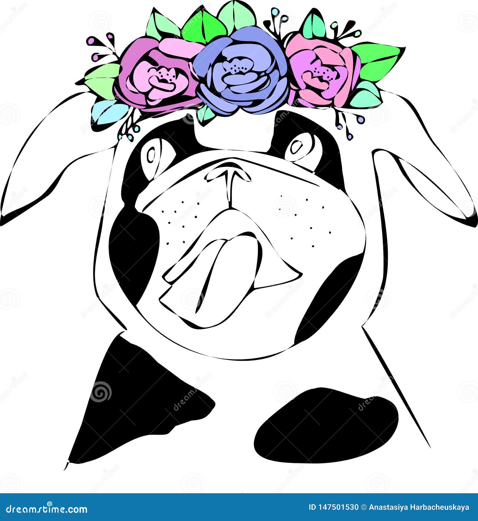 Dog with Flower. Hand Drawn Illustration Pug Stock Illustration ...