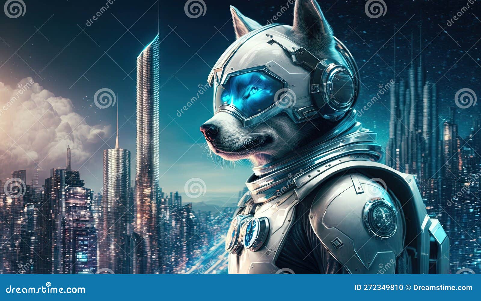 A Dog in a Futuristic Suit Standing in Front of a City Stock ...