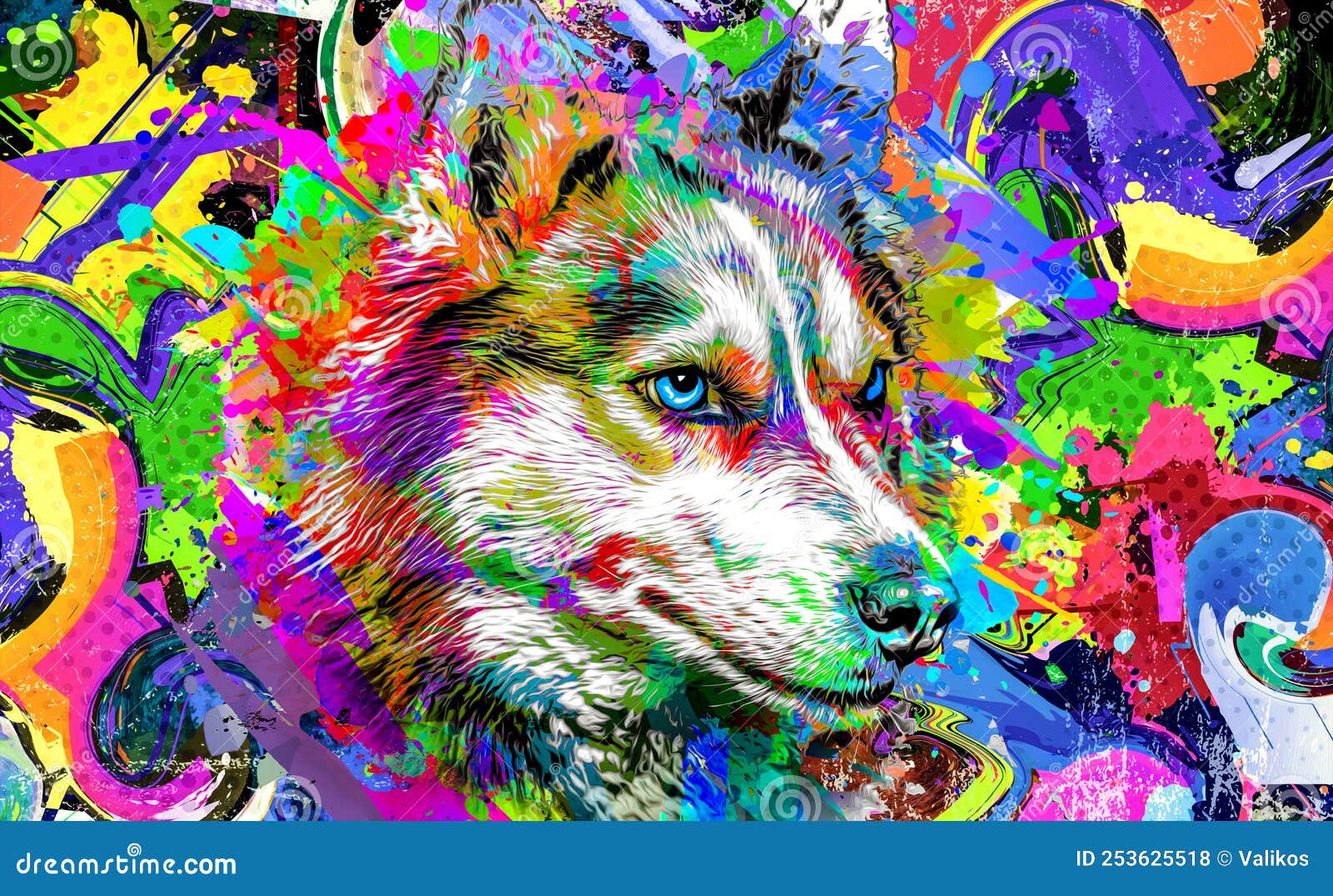 Haski Dog Head with Creative Colorful Abstract Elements on White ...