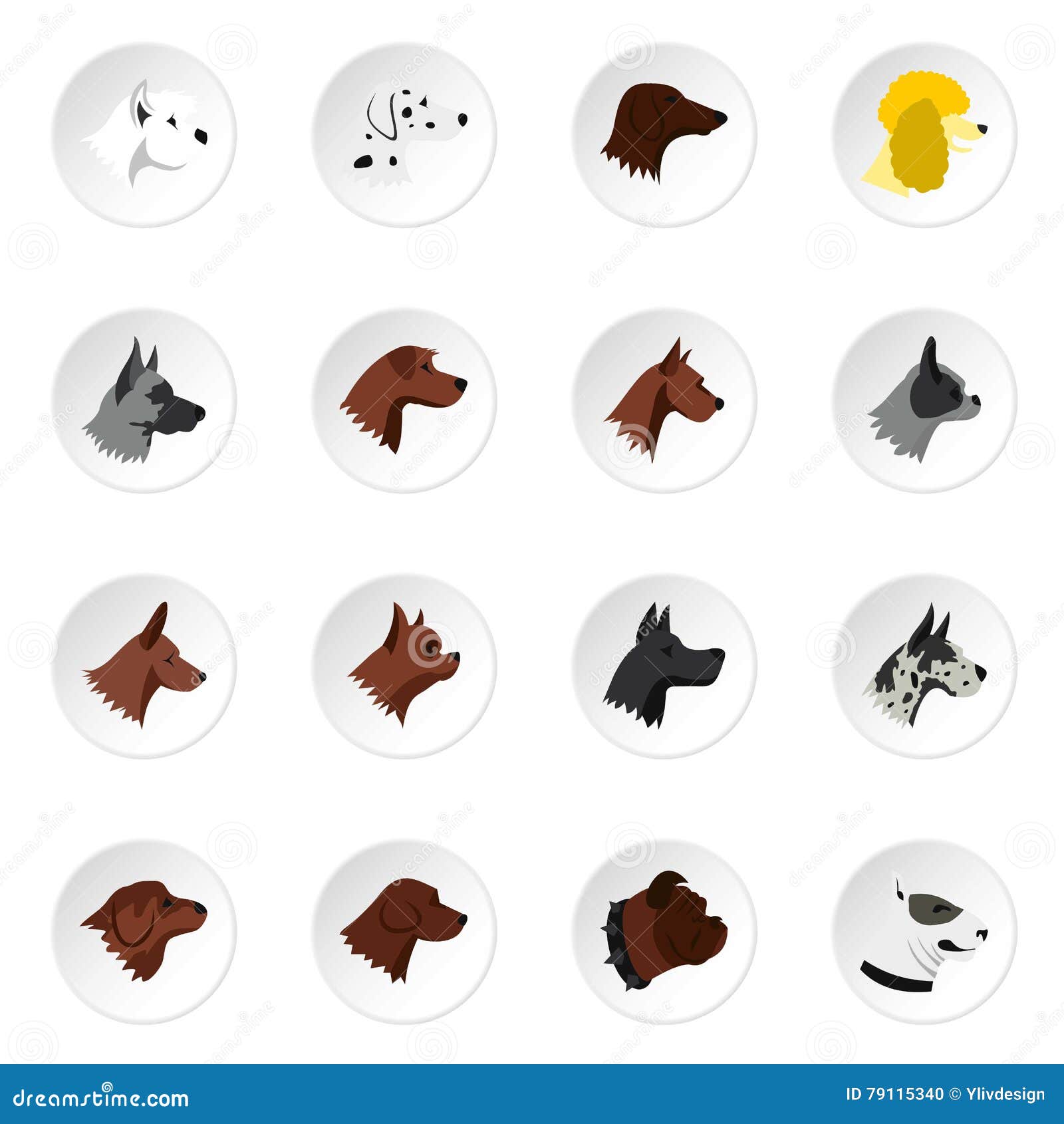 Dog Head Icons Set, Flat Style Stock Vector - Illustration of profile ...