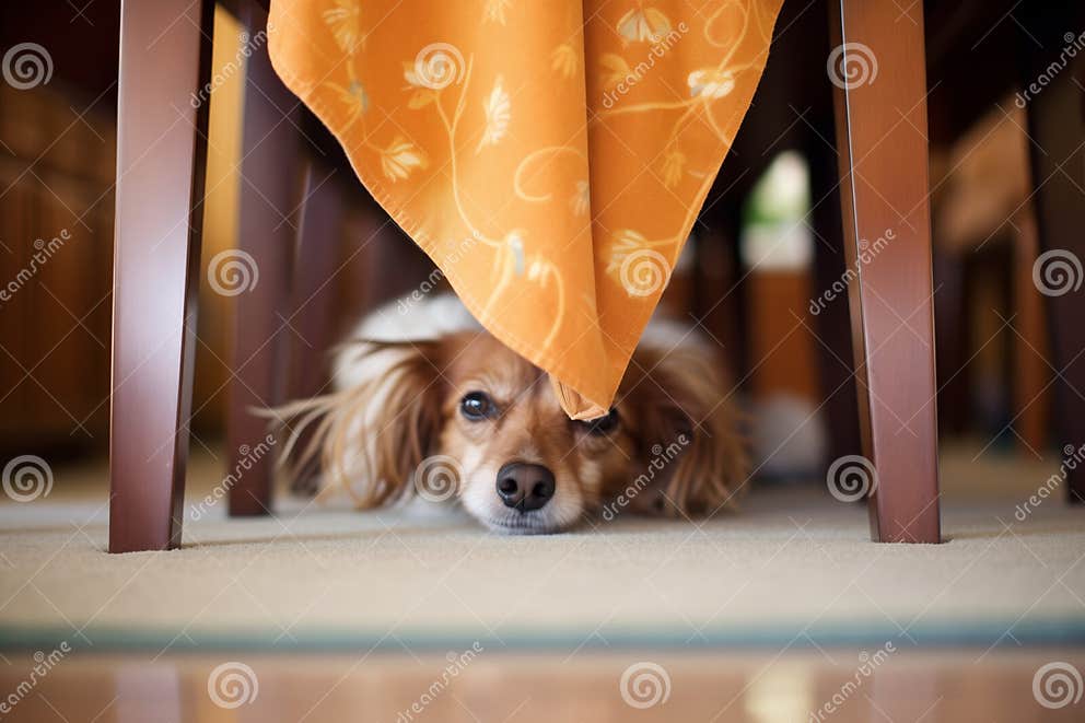 Dog Hiding Under a Table with a Missing Sock Stock Image - Image of ...