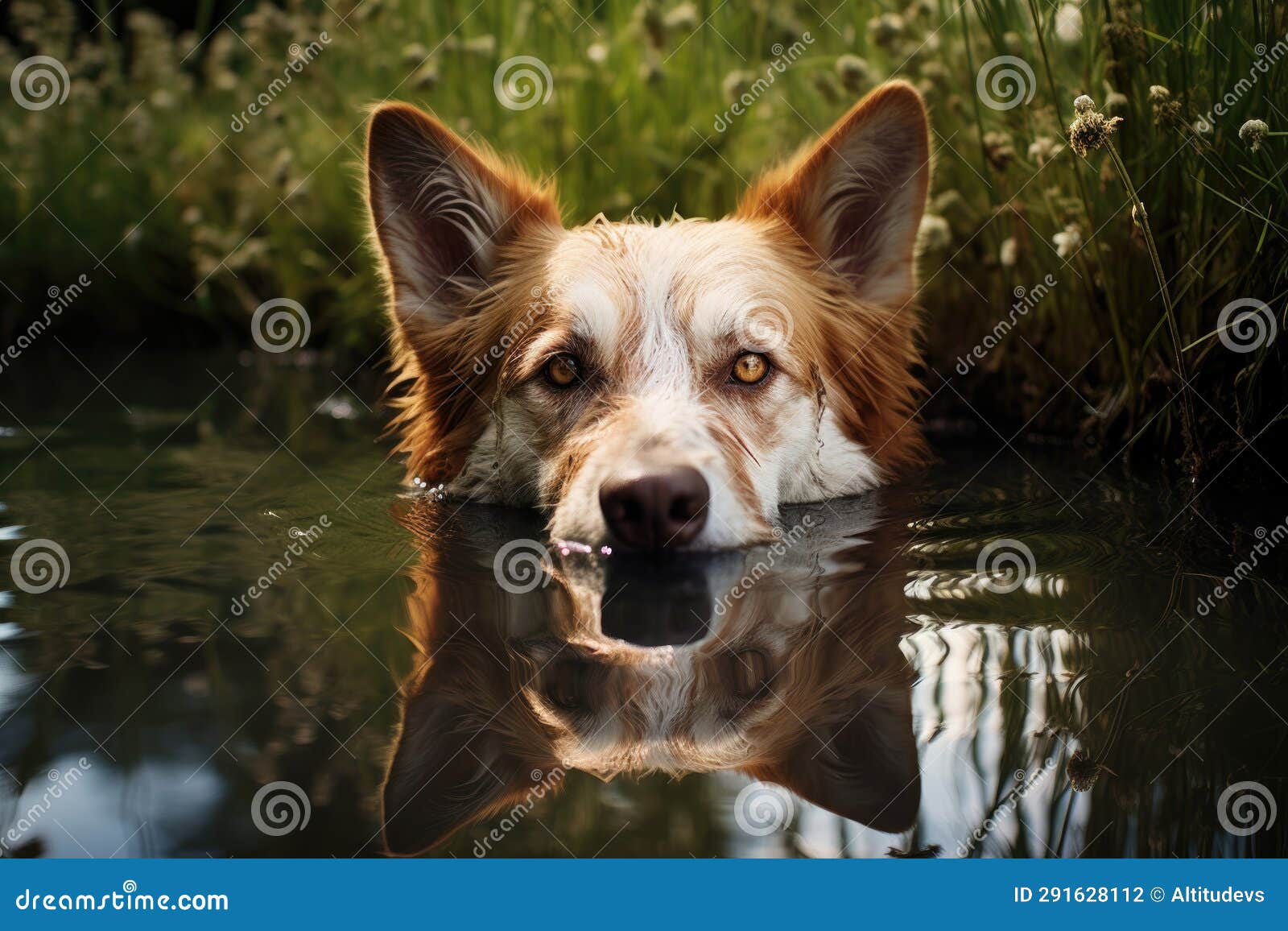 A Dog and Its Reflection Clearly Visible in a Pond Stock Photo - Image ...
