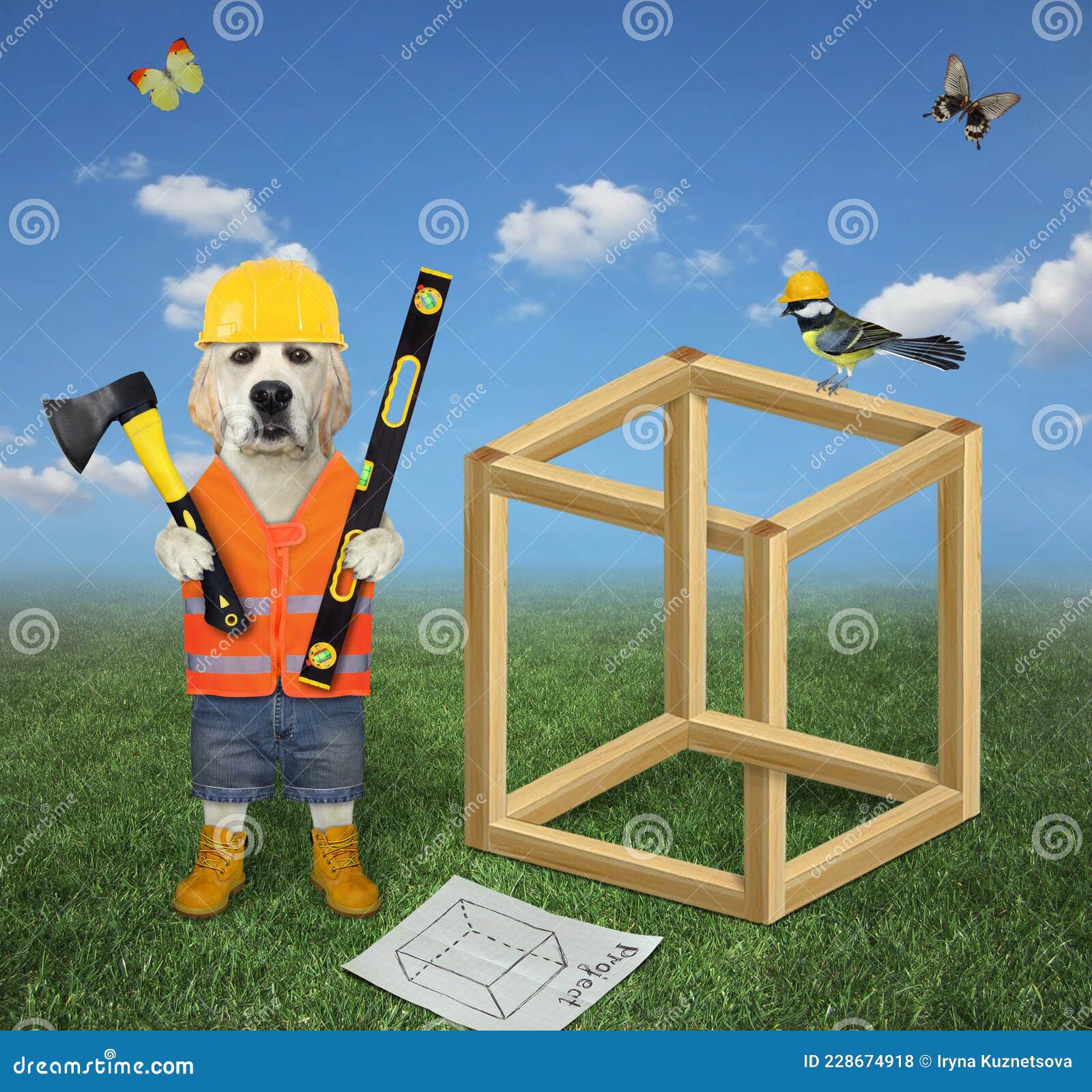Dog Labrador Carpenter Builds Impossible Cube Stock Photo - Image of ...