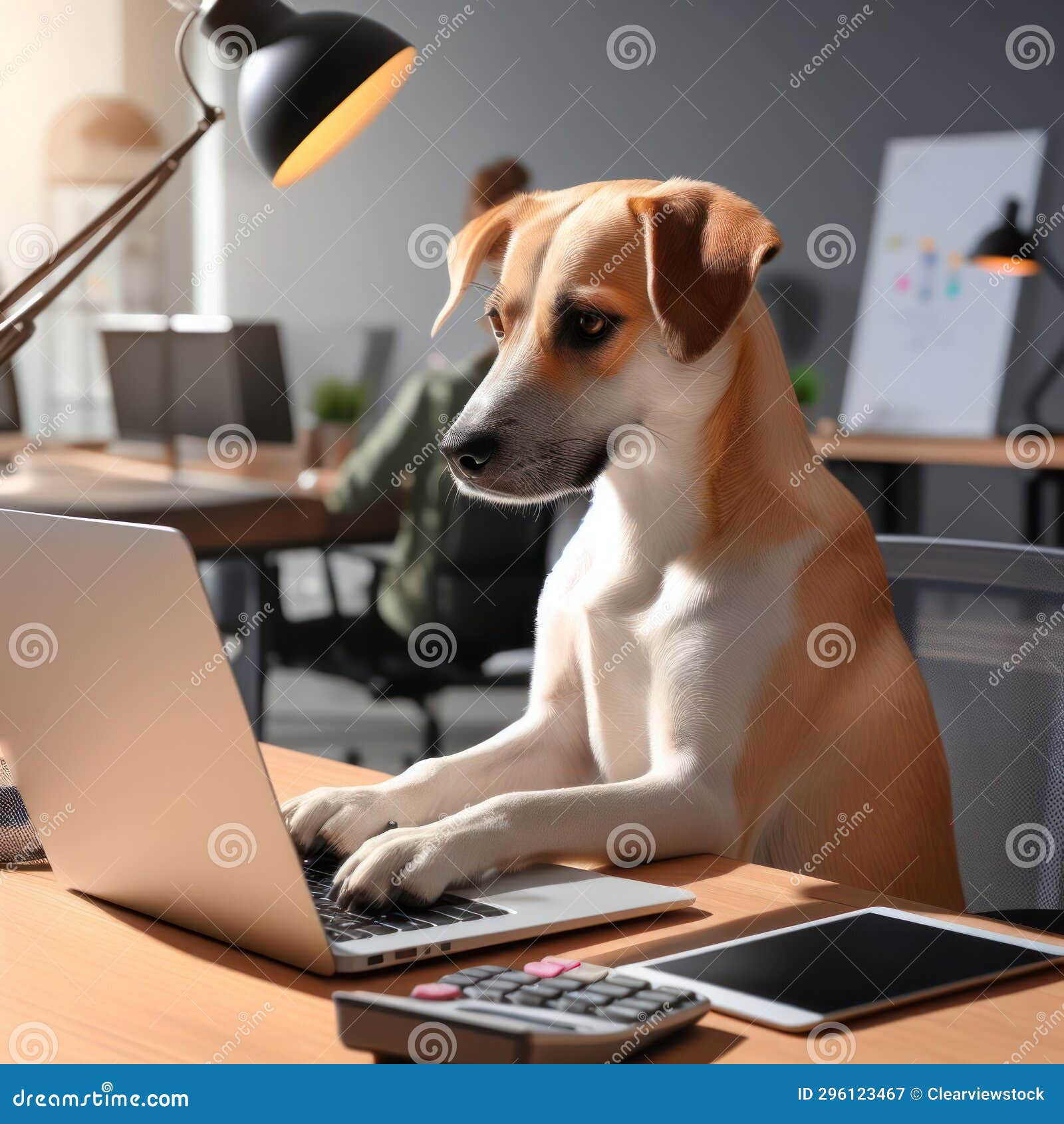 Dog on laptop at desk stock illustration. Illustration of laptop ...