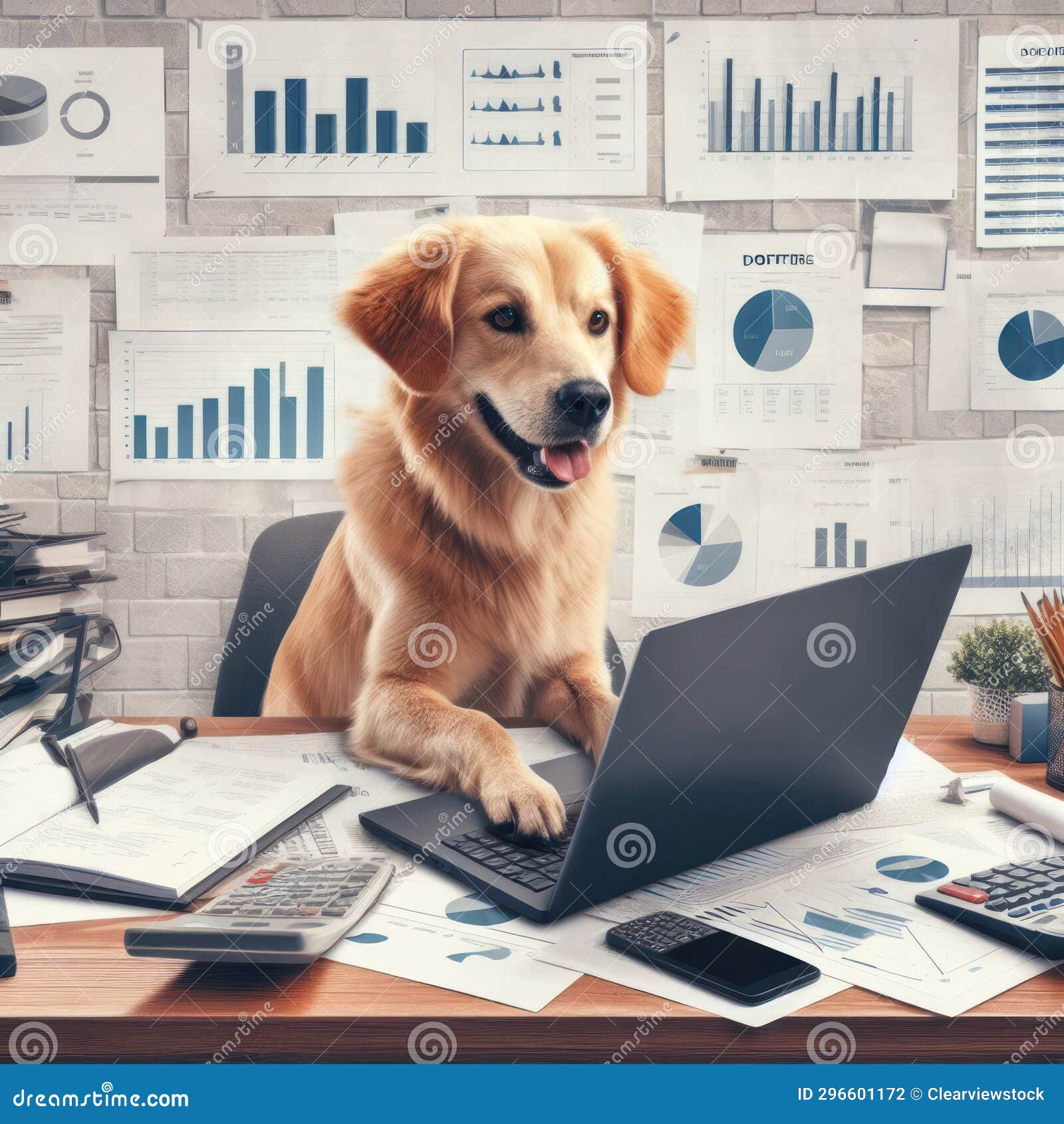 Dog on laptop at desk stock illustration. Illustration of desk - 296601172