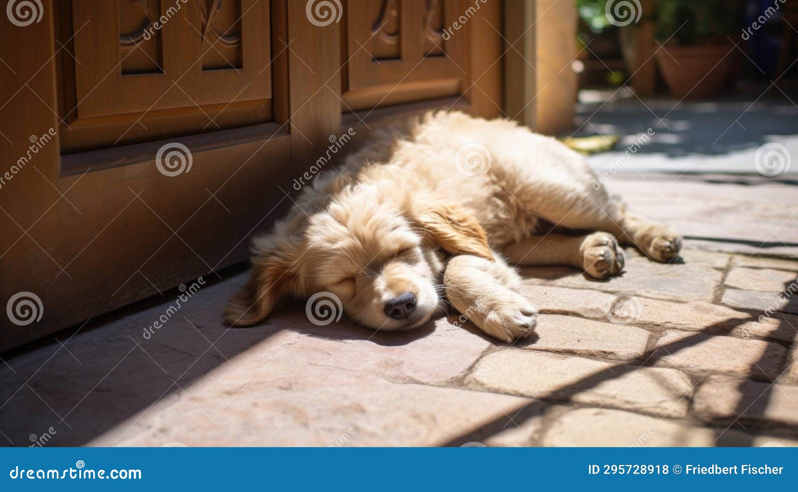 A Dog Laying on the Ground in Front of a Door Stock Photo - Image of ...