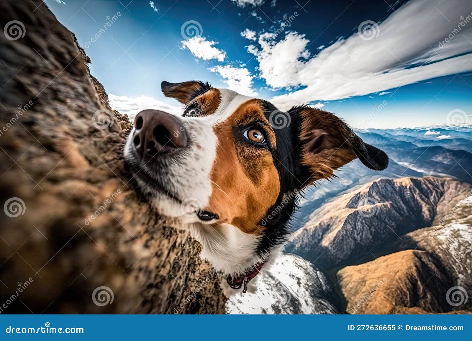 Dog, Looking Down at the View Below, on Mountain Peak Stock ...
