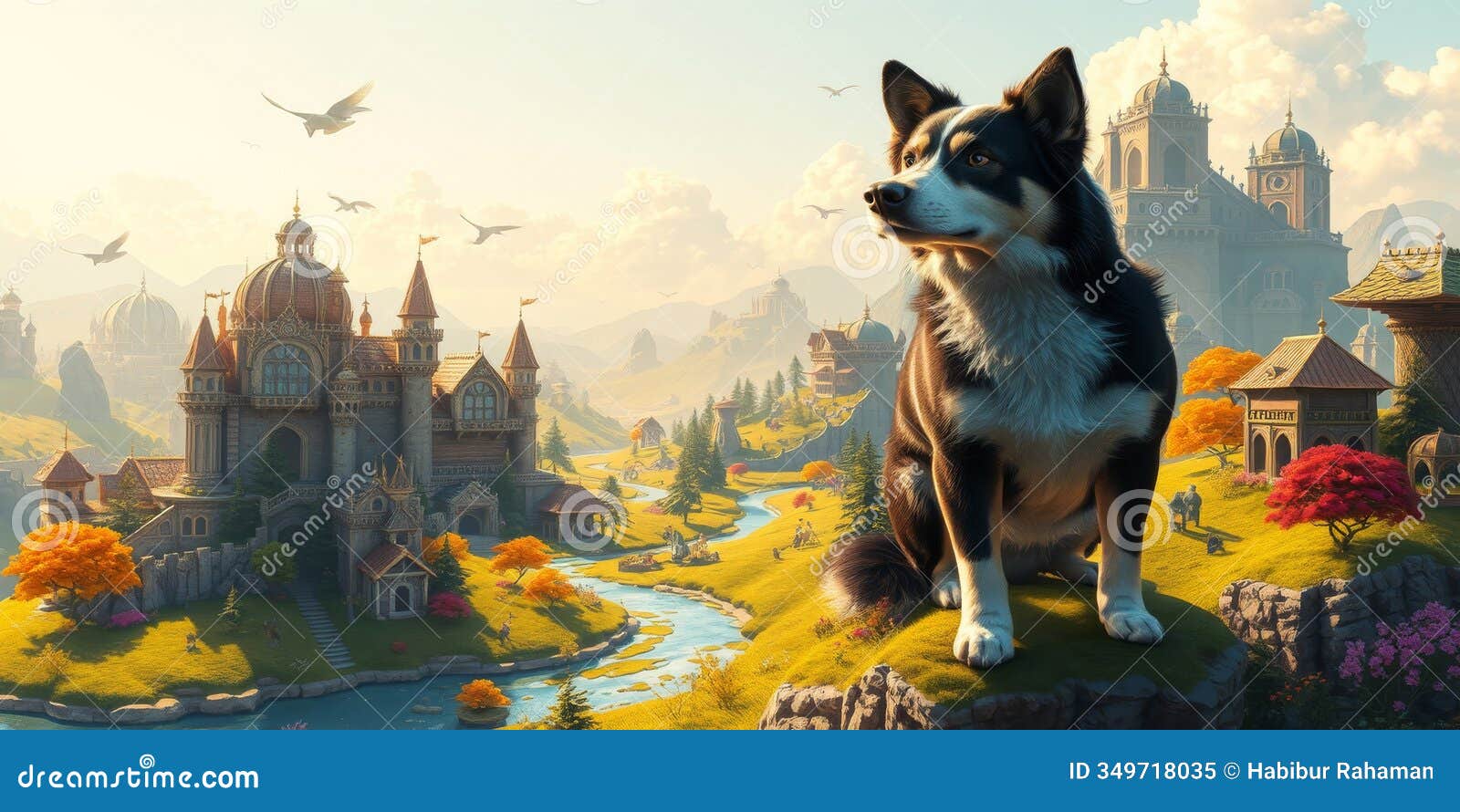 Dog Looking Out Over a Fantasy Kingdom Stock Illustration ...