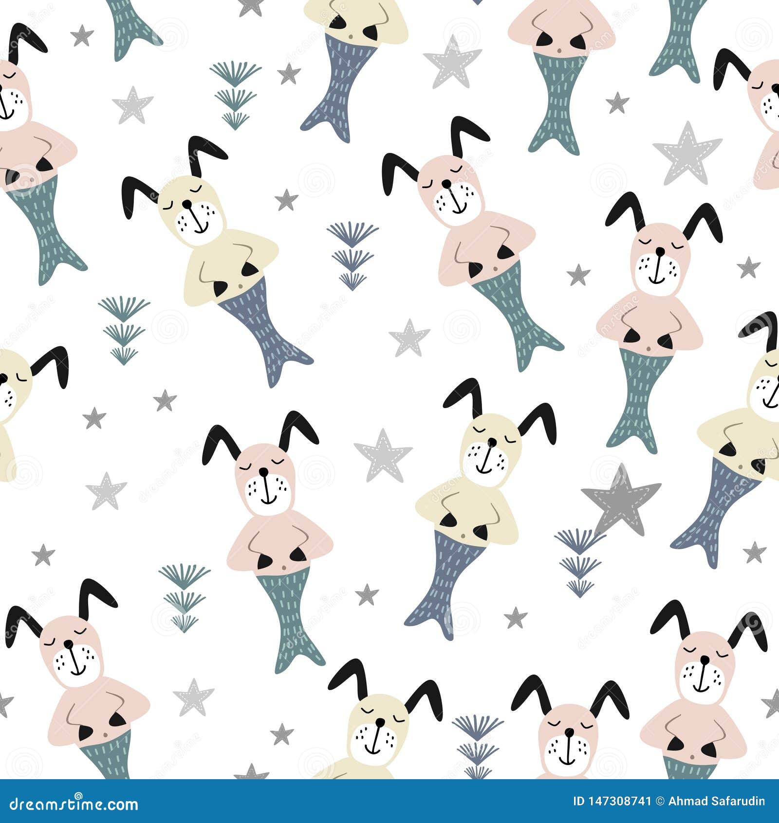 Dog Mermaid Seamless Pattern Cute Drawing Vector Illustration Stock ...