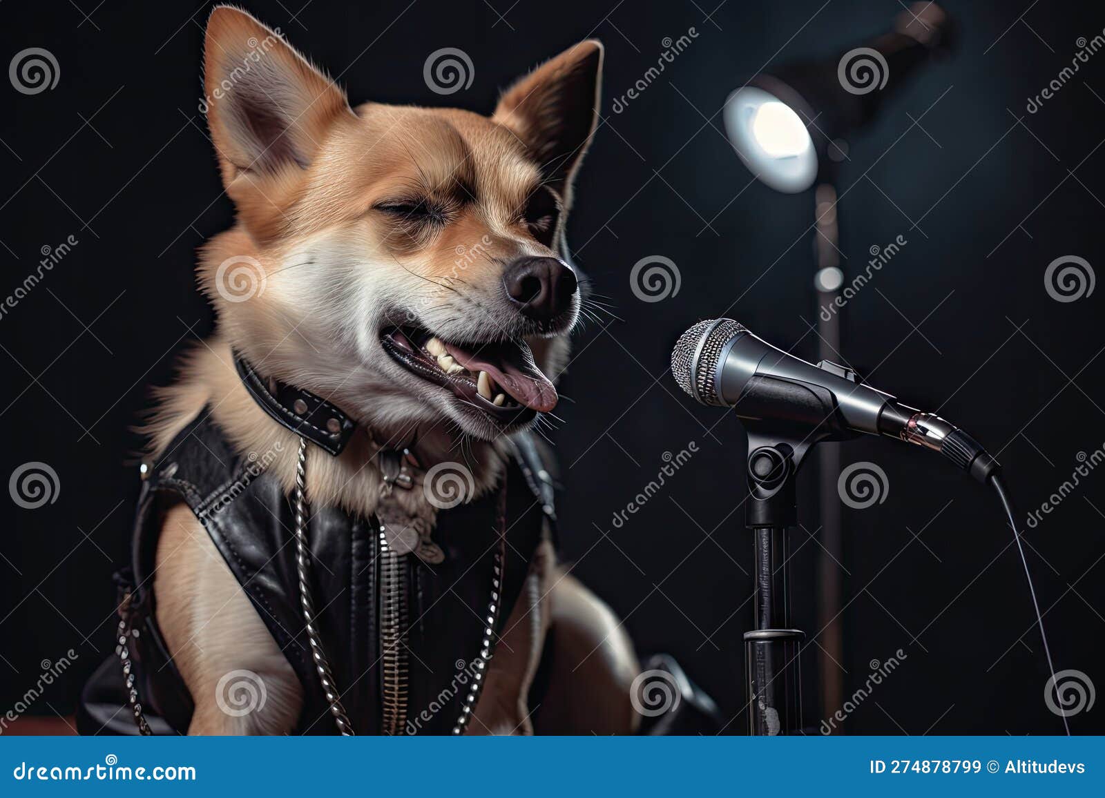 Dog with Microphone and Guitar, Ready To Rock Out on Stage Stock ...