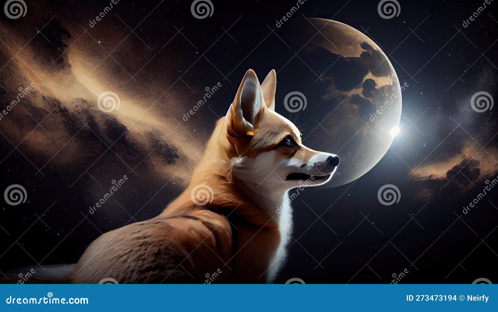 Dog with moon background stock illustration. Illustration of space ...
