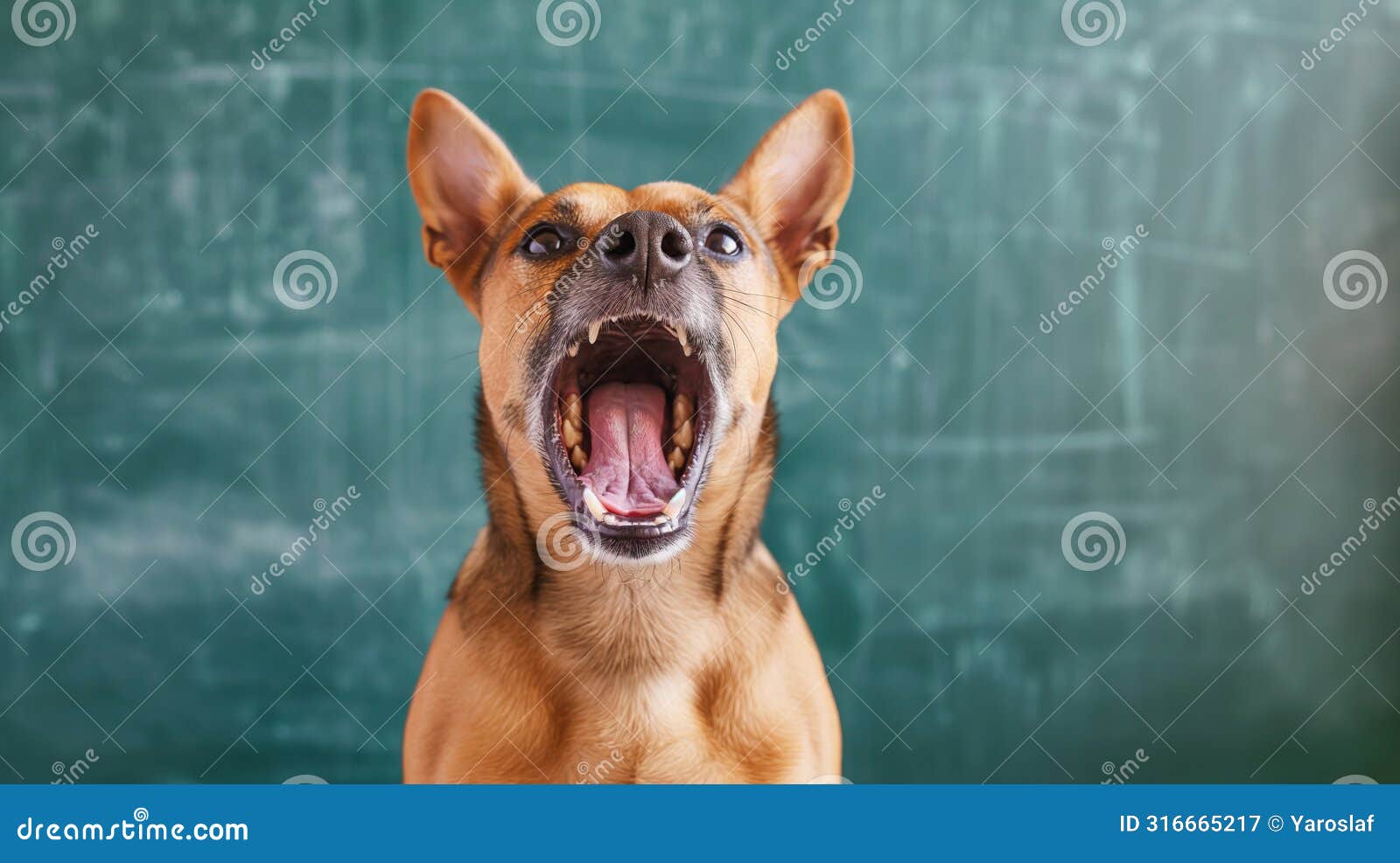 Dog with Open Mouth and Bared Teeth in Front of Chalkboard Displaying ...