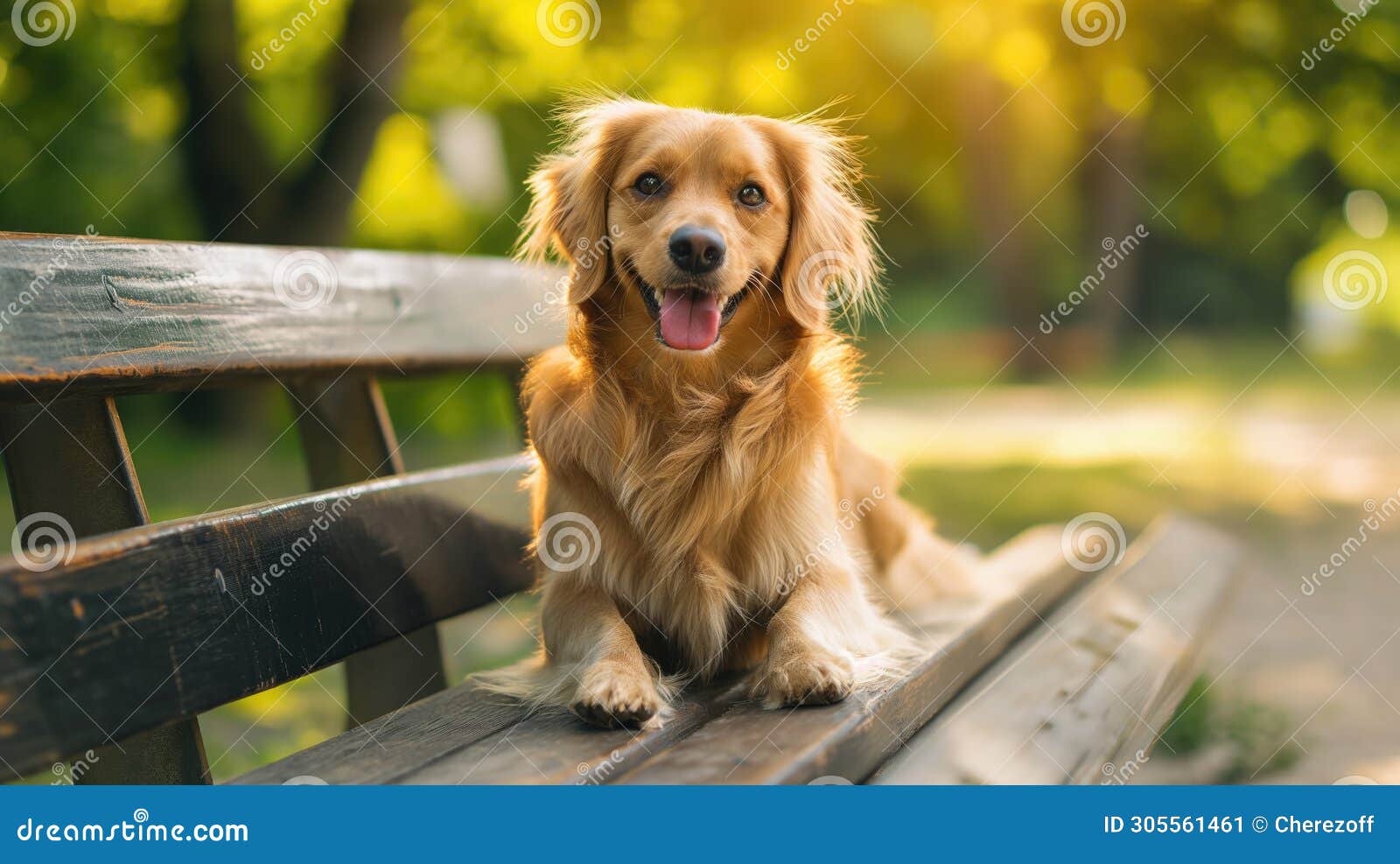 Dog on a park bench stock image. Image of background - 305561461