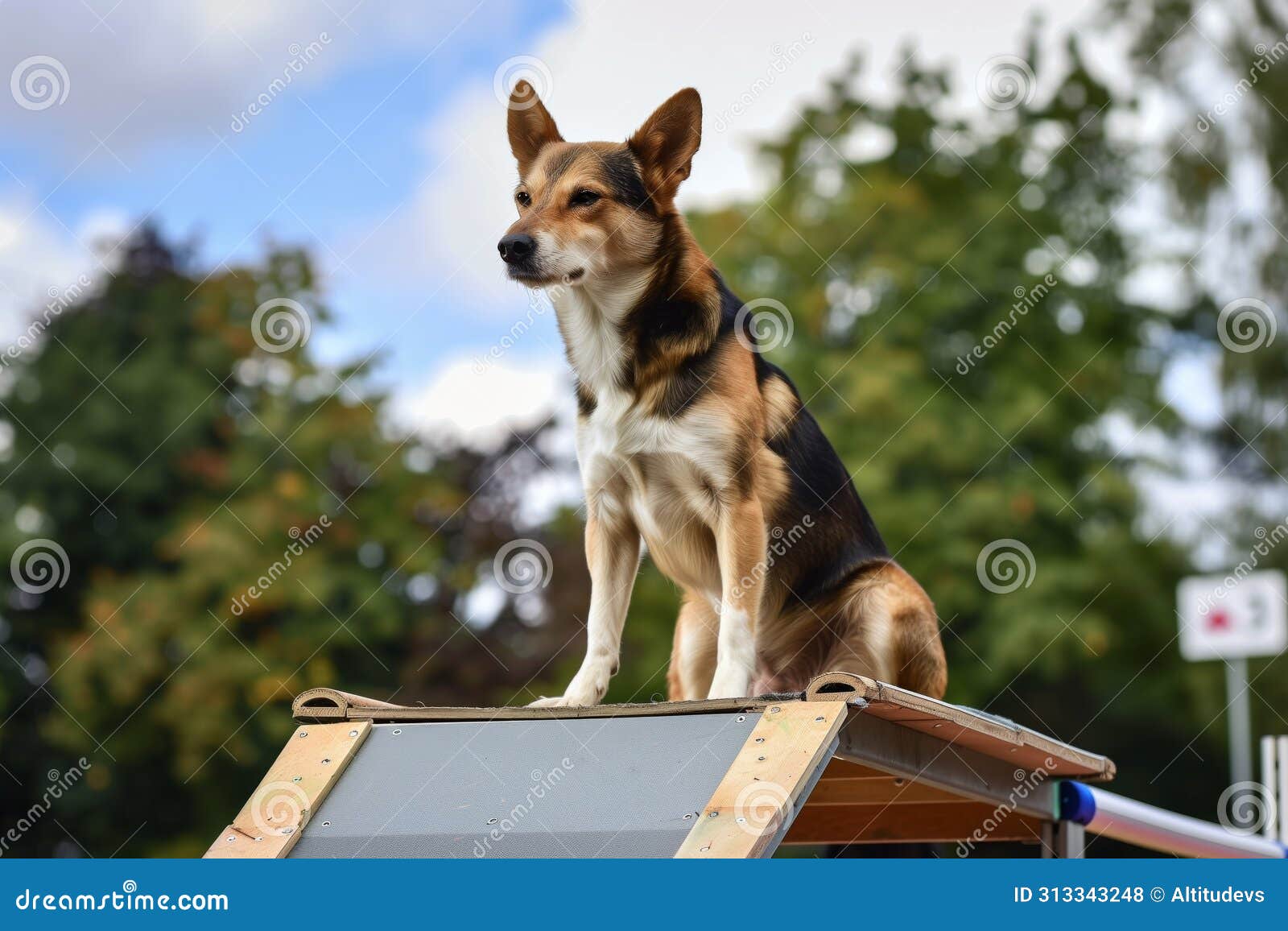 Dog Performing Sitstay on Agility Podium Stock Photo - Image of ...