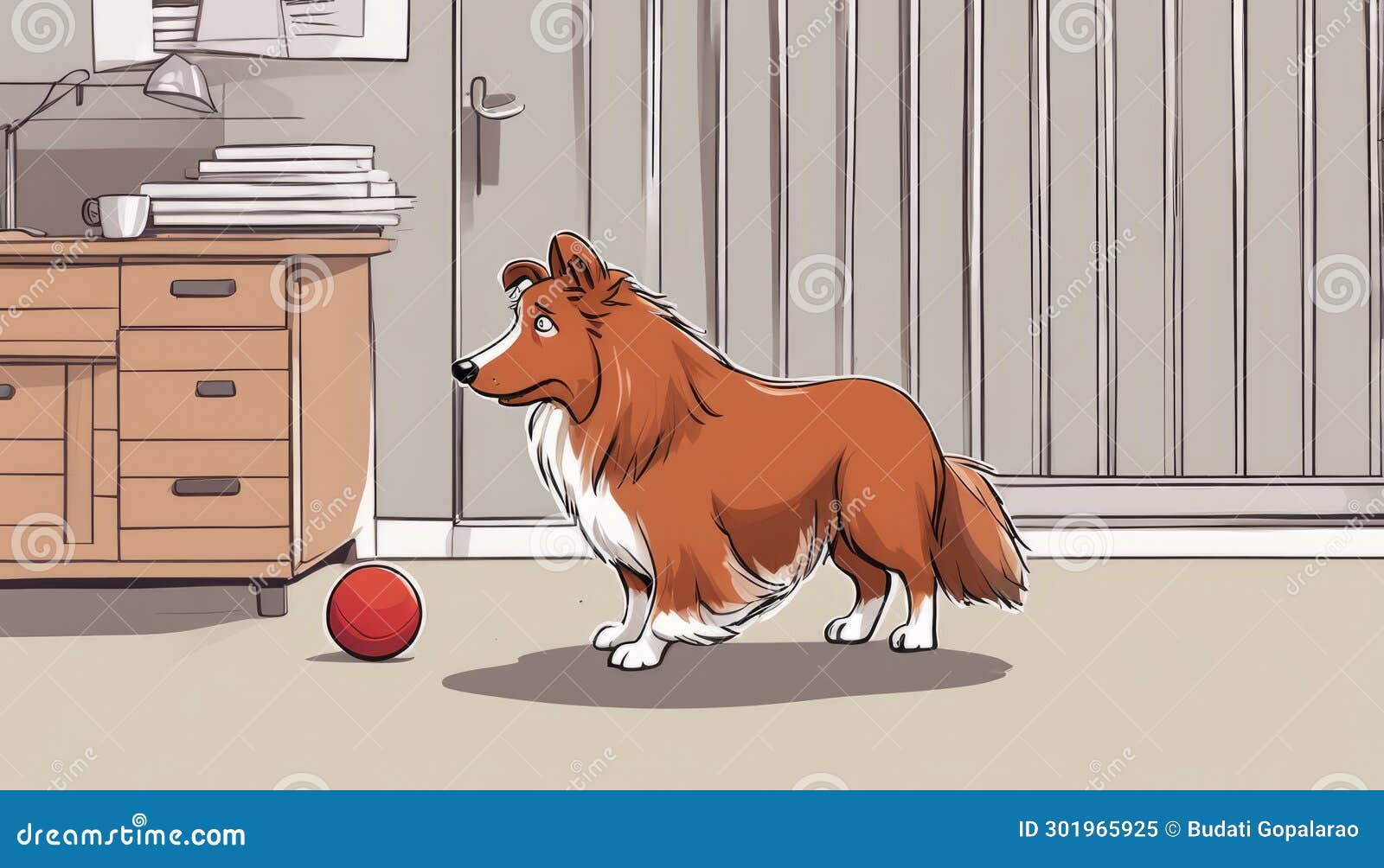 A Dog Playing with a Red Ball Stock Illustration - Illustration of ...