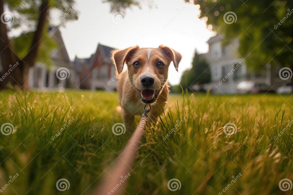 Dog Pulling Leash on Grass, Focused Expression Stock Photo - Image of ...