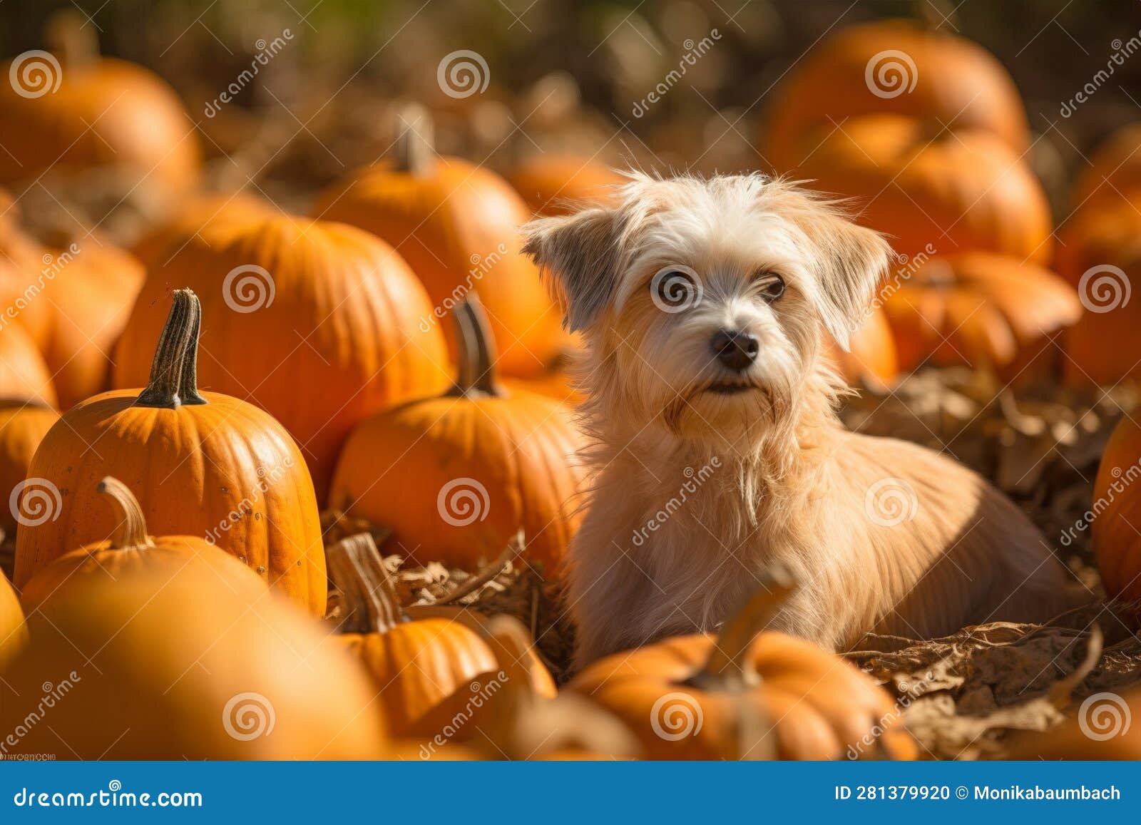 Dog in pumpkin patch. stock illustration. Illustration of generative - 281379920
