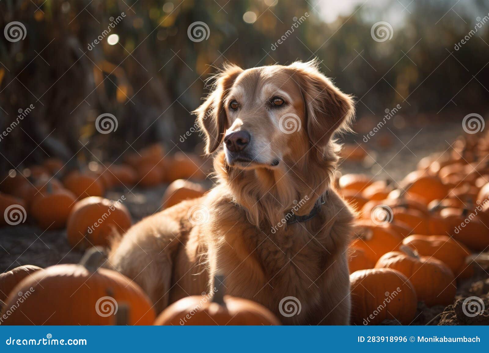 Dog in pumpkin patch. stock illustration. Illustration of cute - 283918996