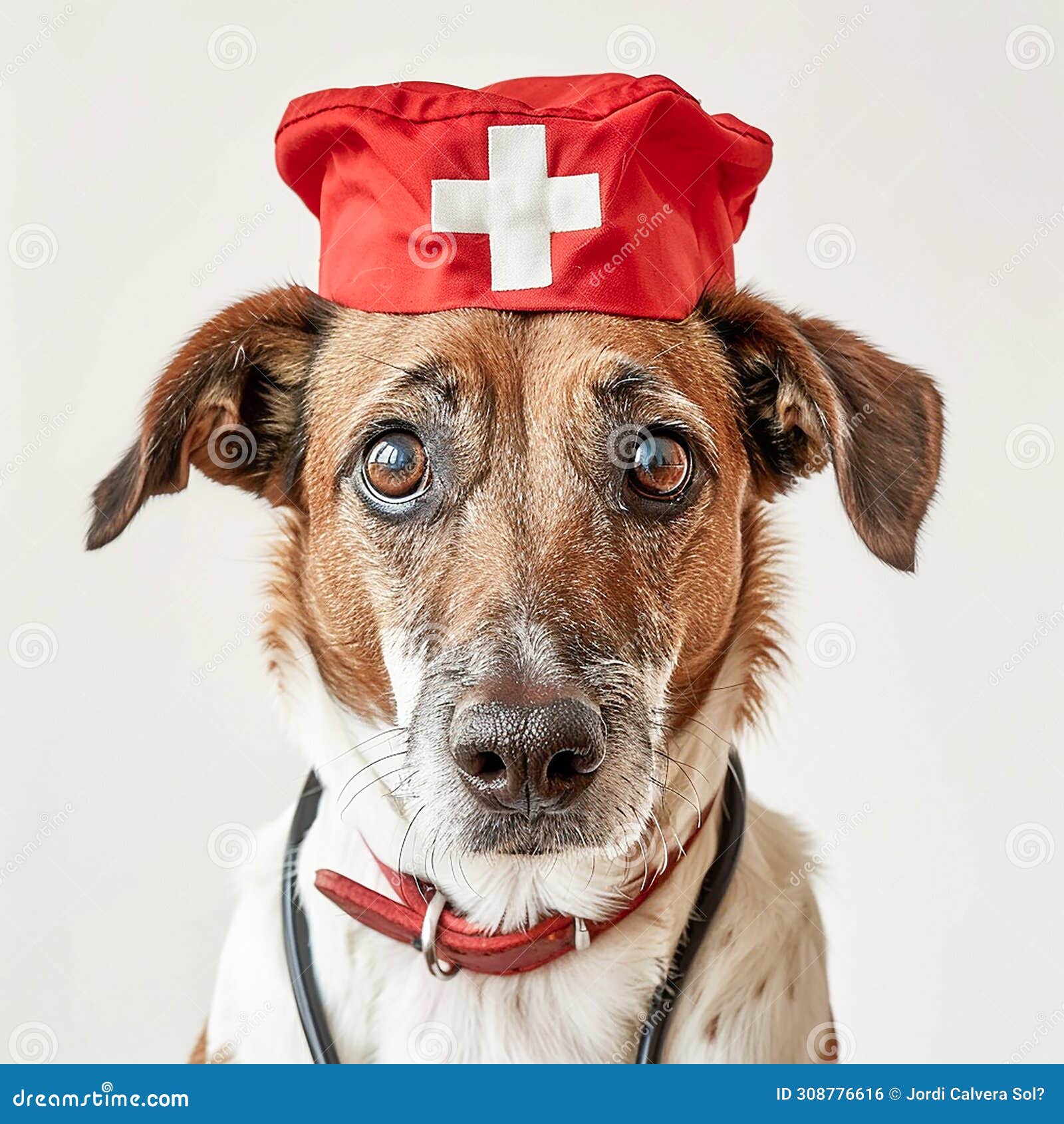 A Dog with a Red Medical Cap and Stethoscope on a White Background ...