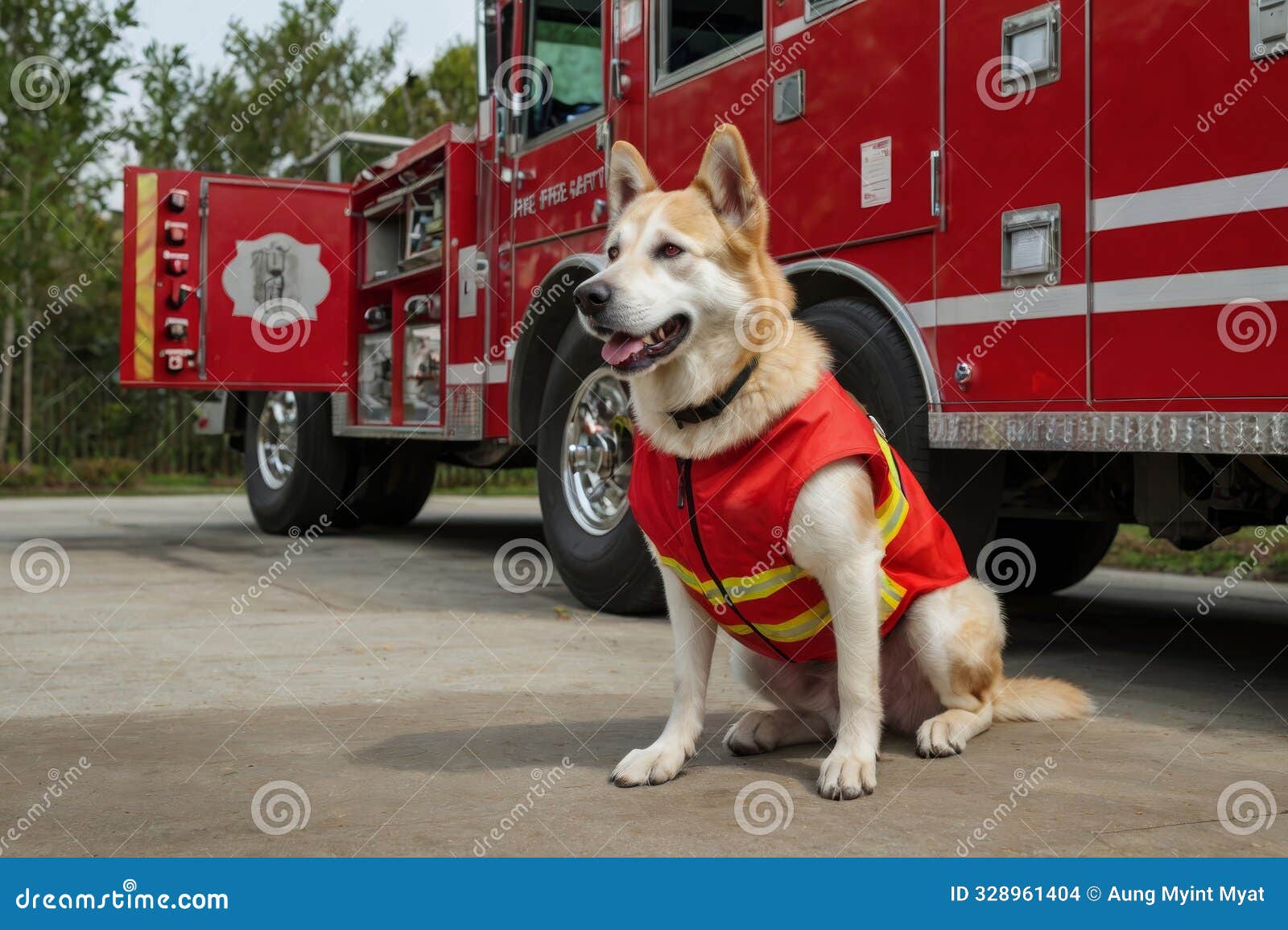 A Dog in a Red Safety Suit and Standing Near a Fire Engine Stock ...