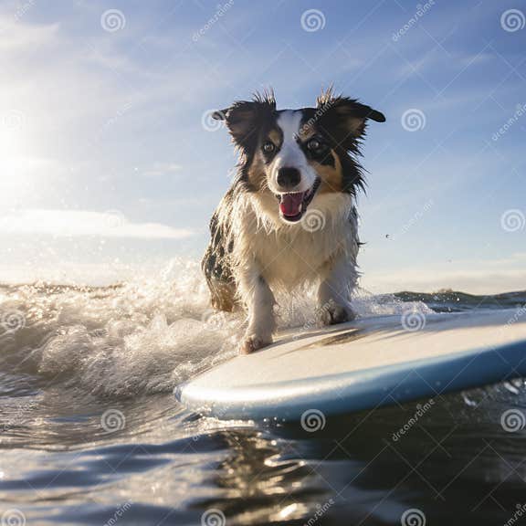 Dog Riding Surfboard on Small Wave Stock Image - Image of sand, beach ...