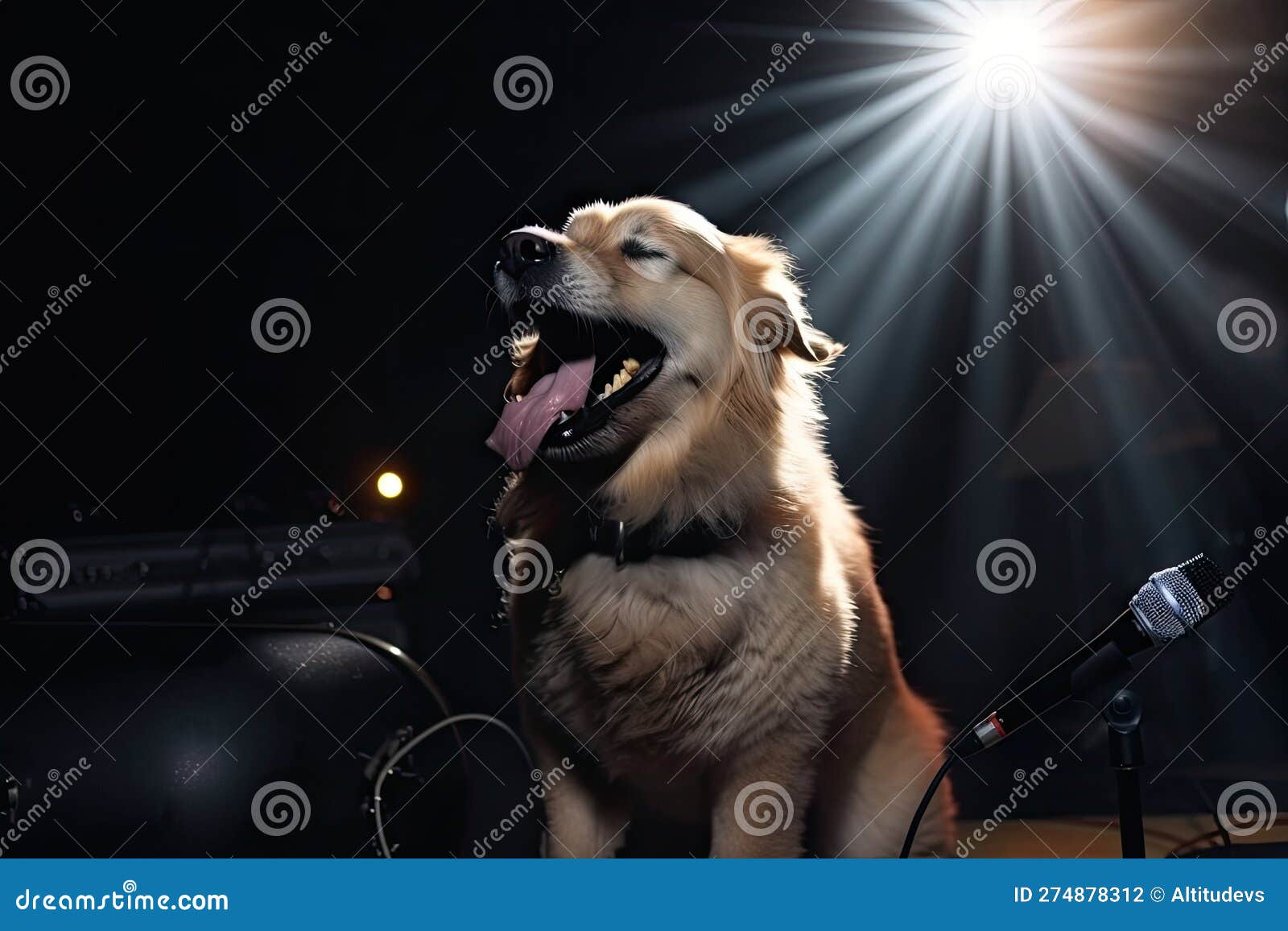 Dog with Rock Band, Playing Guitar and Singing in Spotlight Stock ...