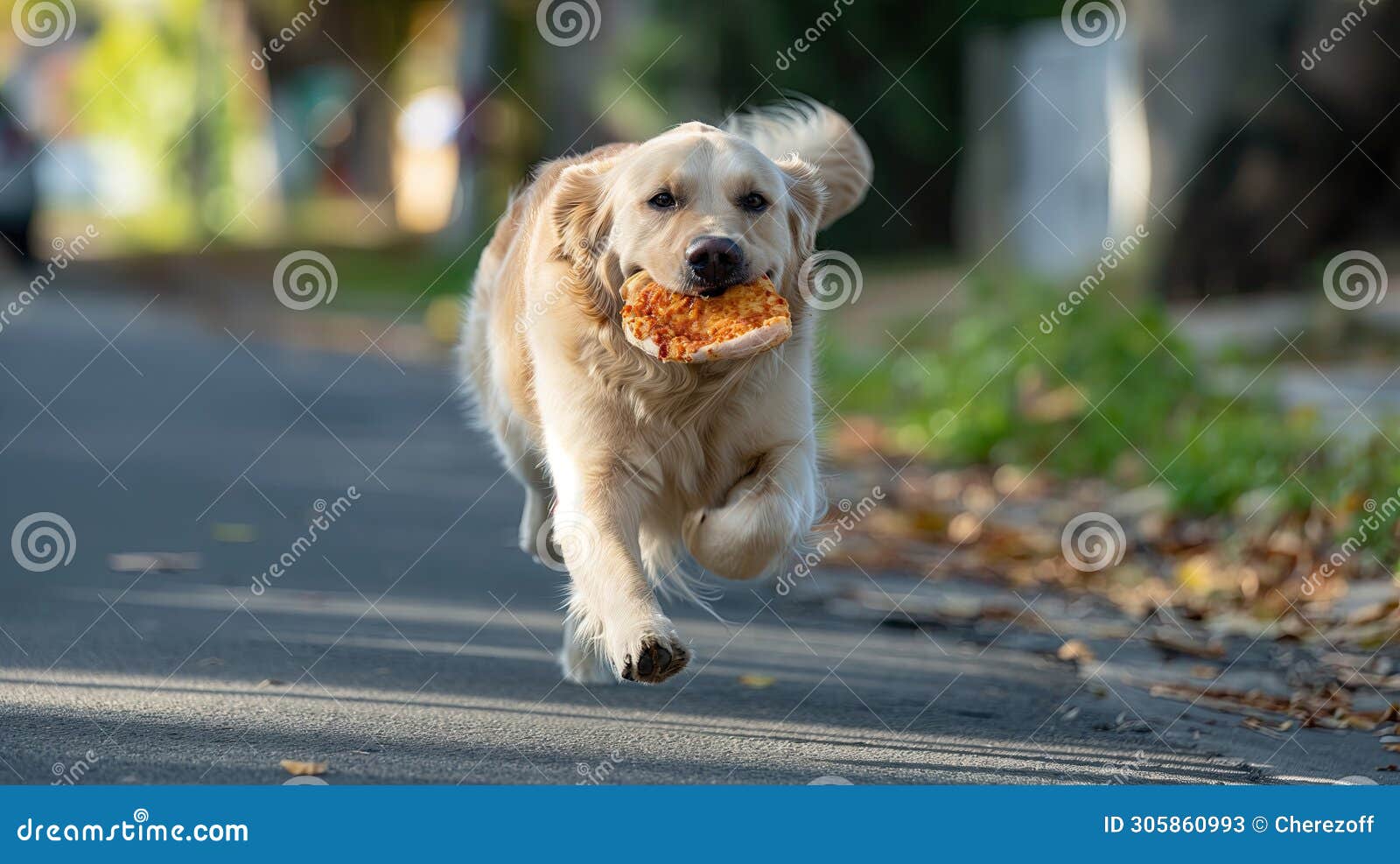 Dog Running Down the Street with a Slice of Pizza Stock Image - Image ...