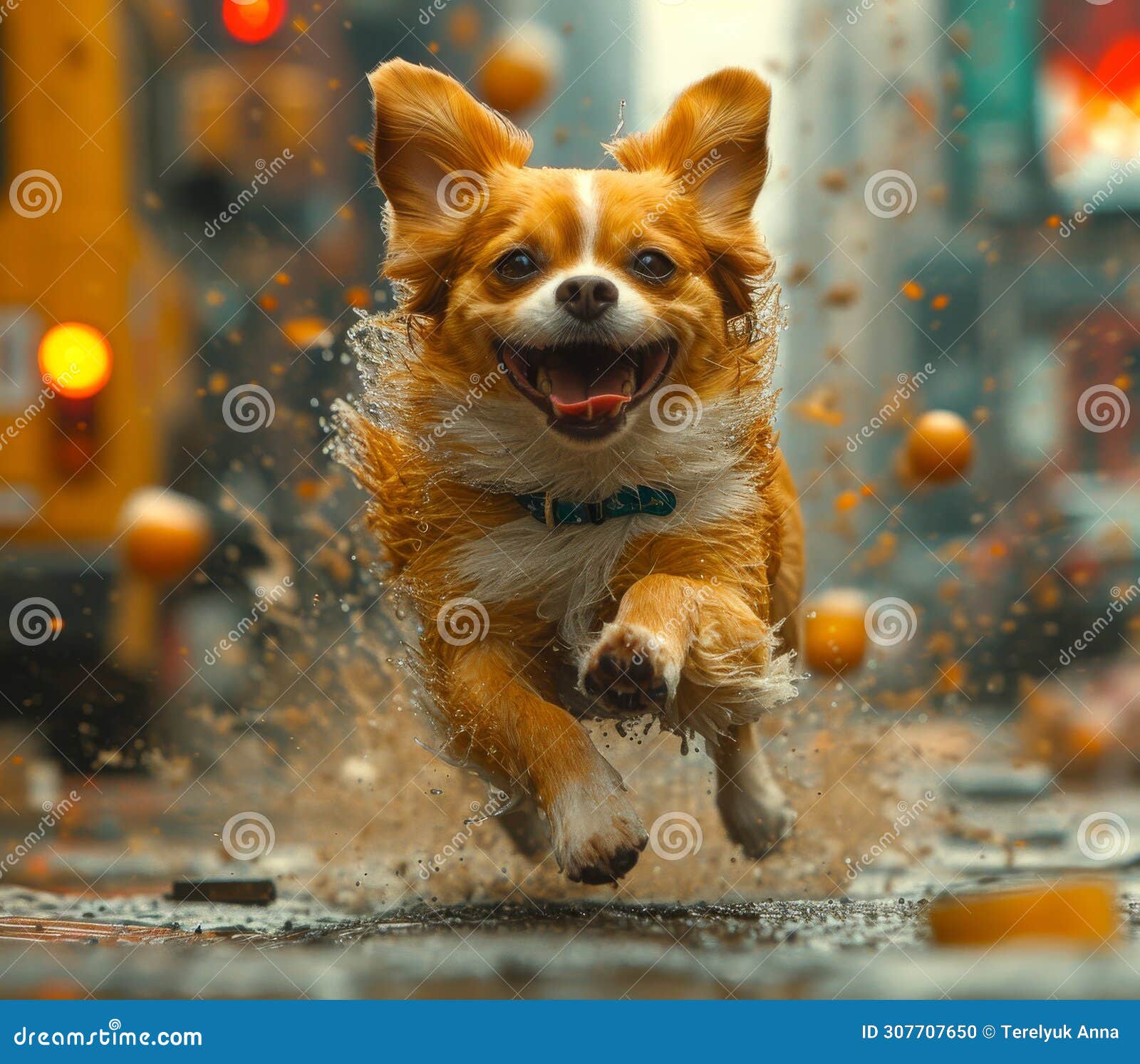Dog Running through Puddle of Water. a Dog Running Past the in the City ...