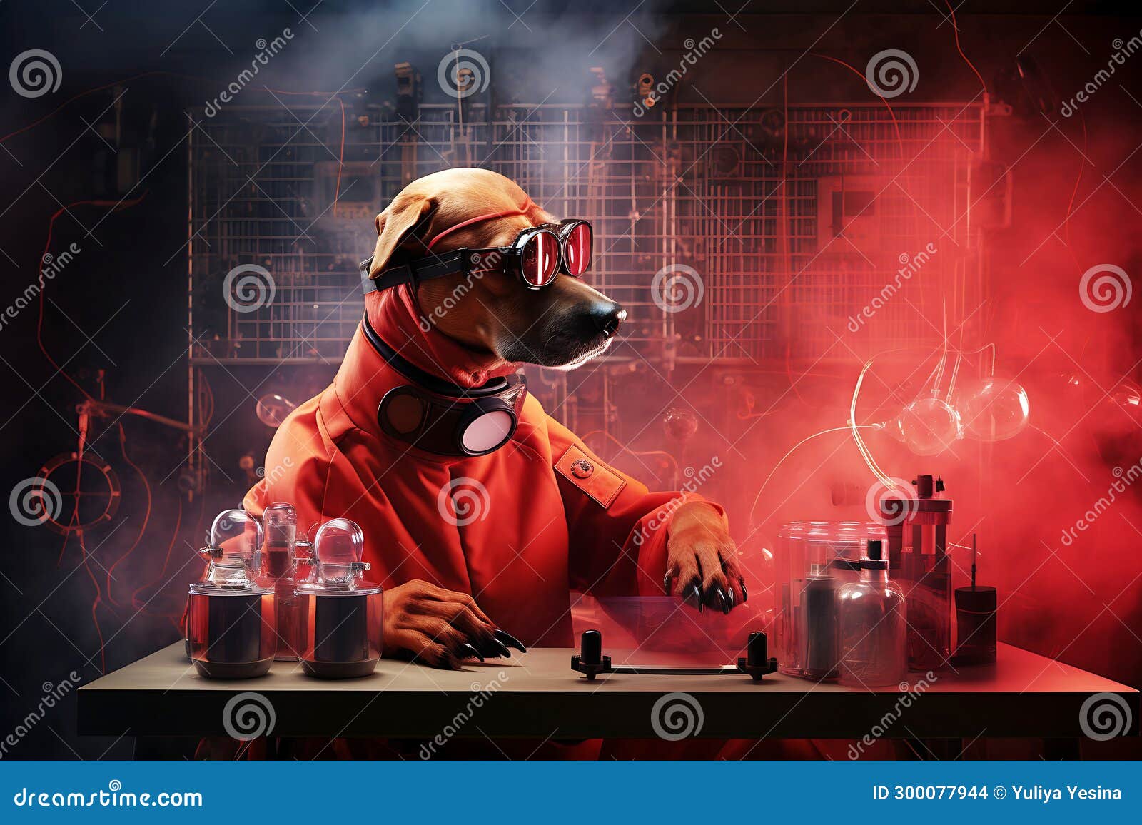 Dog Scientist in a Red Protective Suit and Glasses in the Laboratory ...