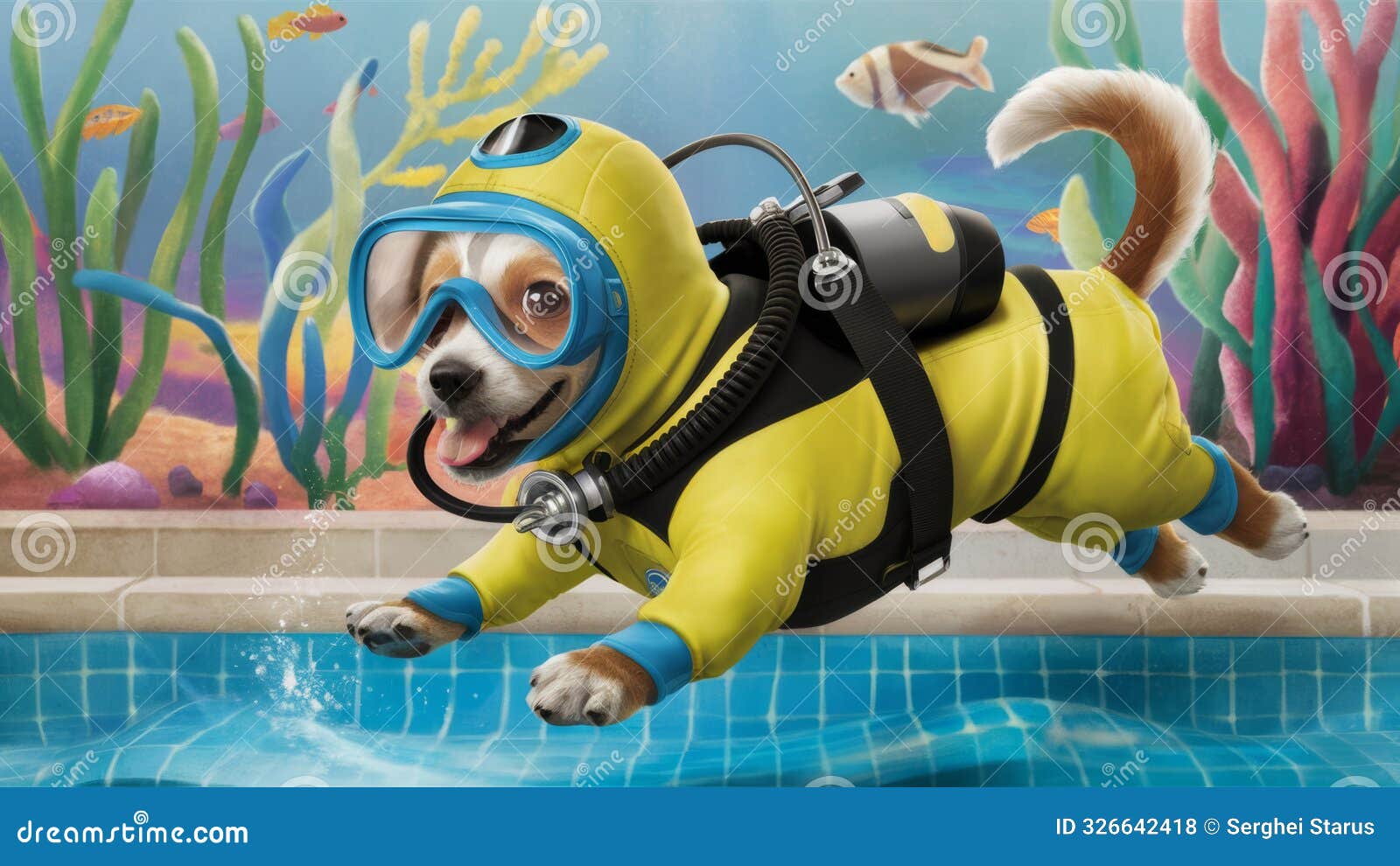A Dog in a Scuba Suit Diving into the Pool, AI Stock Illustration ...