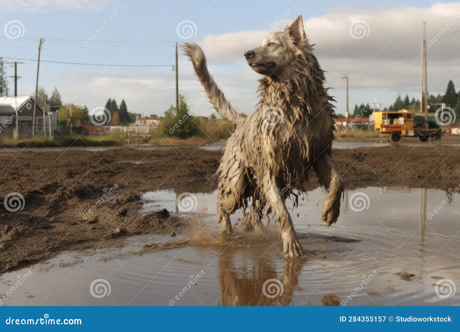 Dog Shaking Water Off Next To a Muddy Puddle Stock Illustration ...