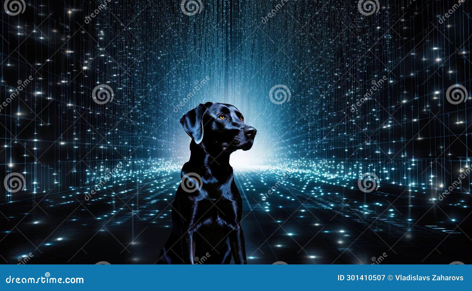 A Dog Sitting in Darkness Surrounded by Many Digital Binary Flows Stock ...