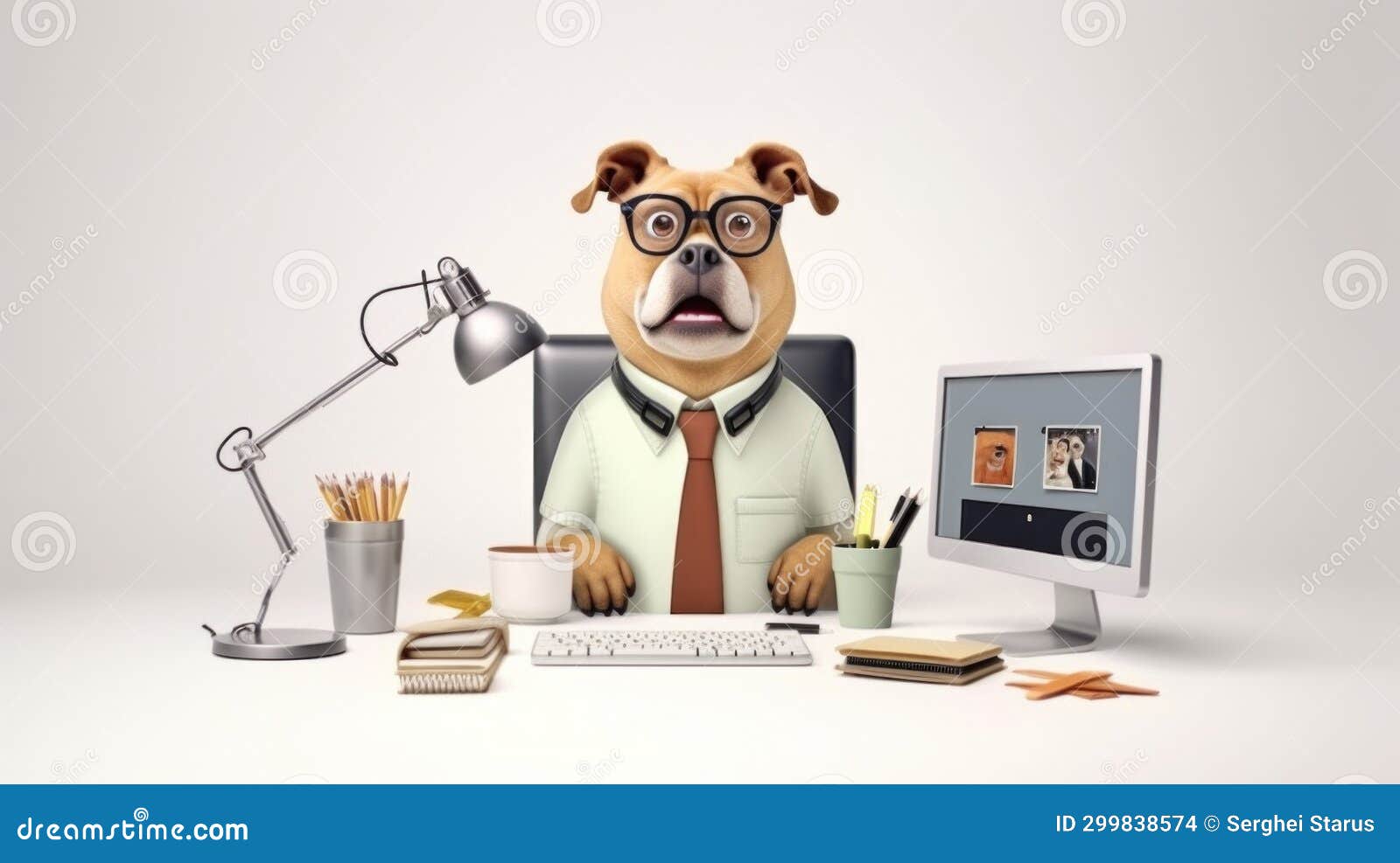 A Dog Sitting at a Desk with a Computer, AI Stock Illustration ...