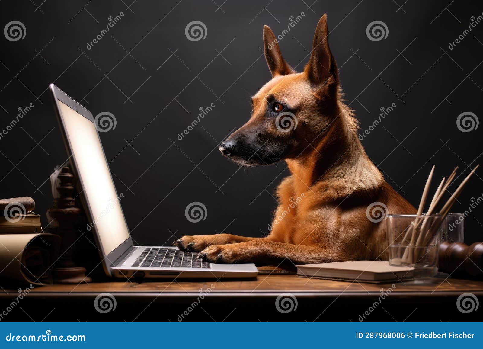 A Dog Sitting at a Desk with a Laptop. Stock Illustration ...