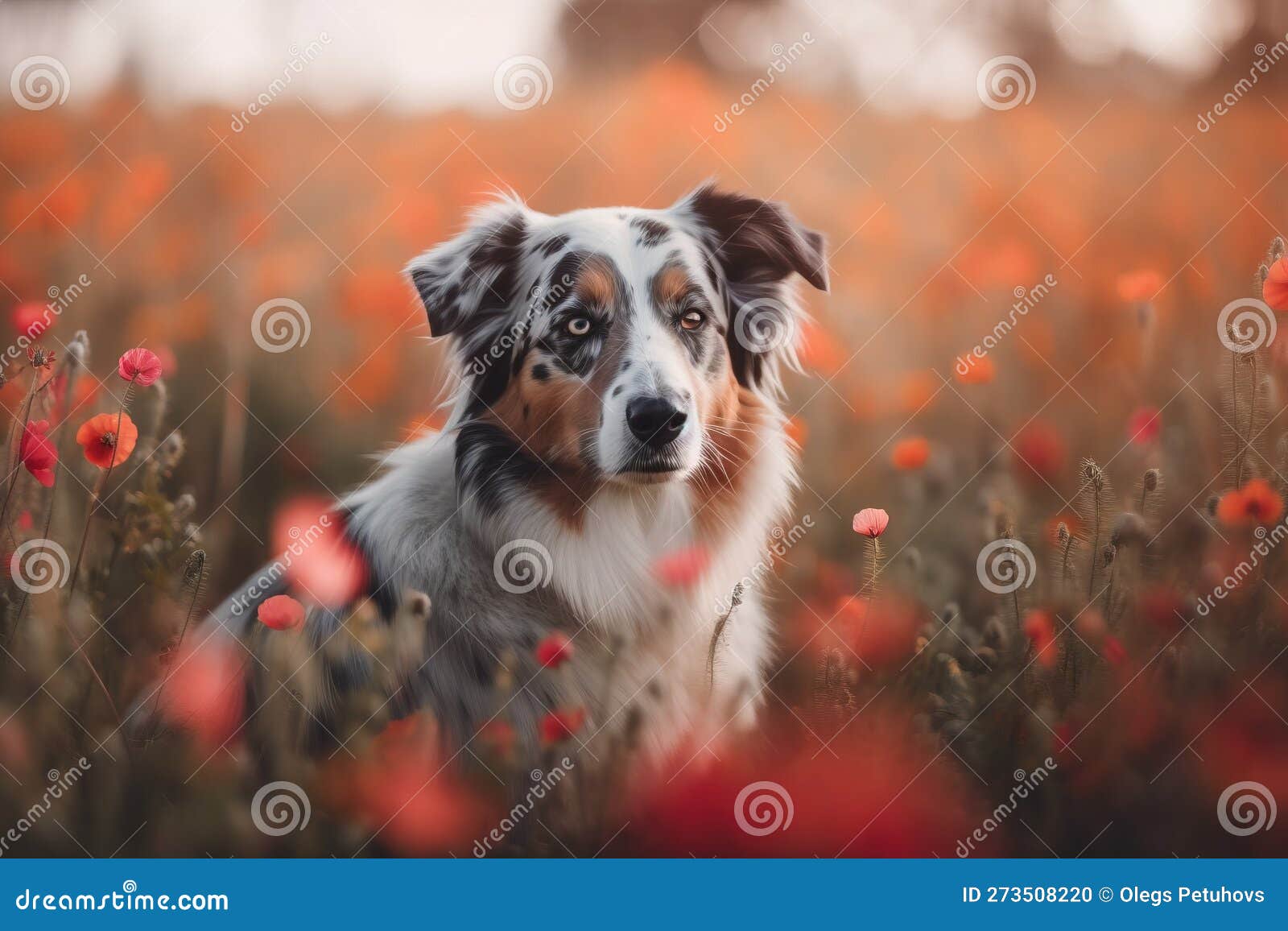 A Dog is Sitting in a Field of Red Poppies Stock Photo - Image of ...